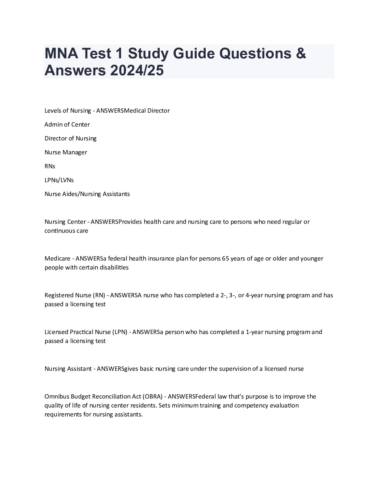 MNA Chapter 1 Test Practice Questions & Answers 2024/25 - DocMerit
