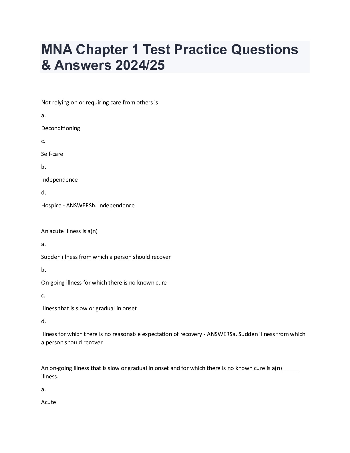 MNA Chapter 1 Test Practice Questions & Answers 2024/25 - DocMerit