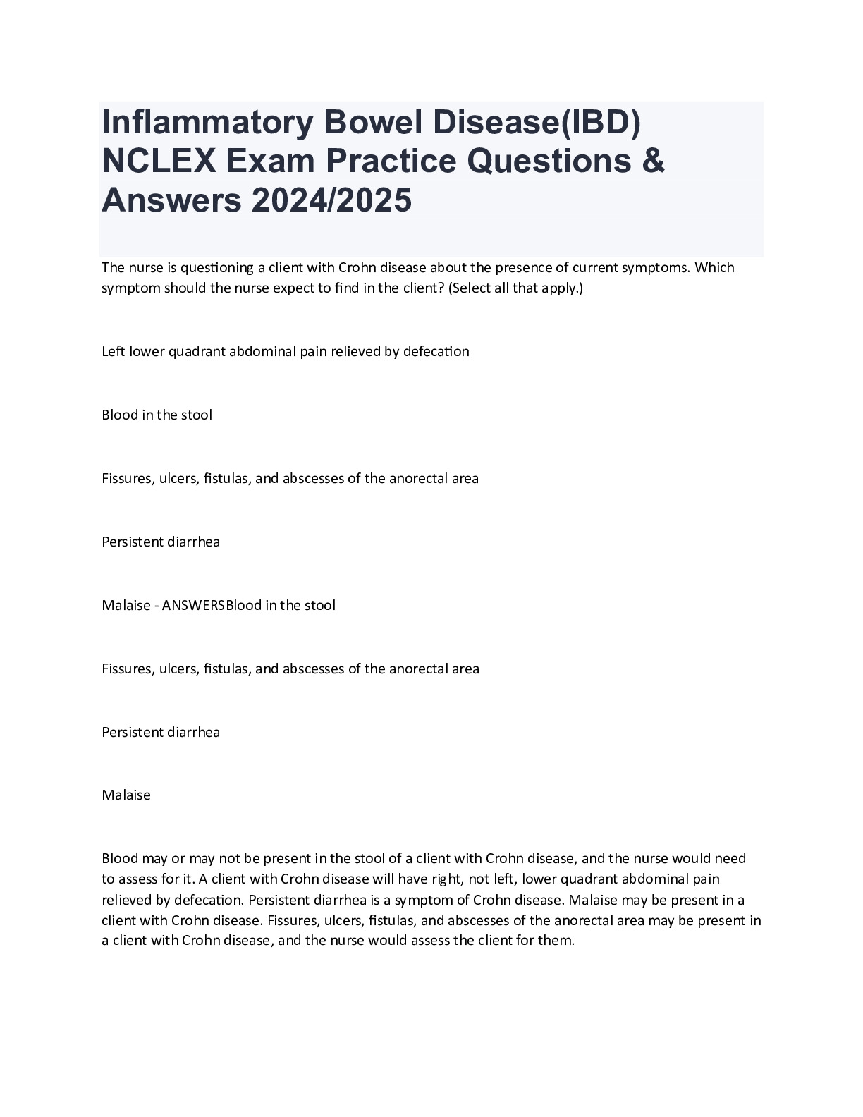 Inflammatory Bowel Disease(IBD) NCLEX Exam Practice Questions & Answers 2024/2025 - DocMerit