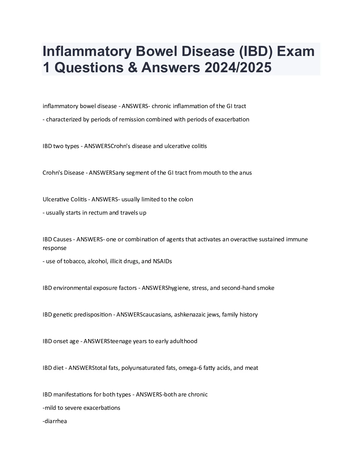 Inflammatory Bowel Disease (IBD) Exam 1 Questions and Answers 2024/2025 ...