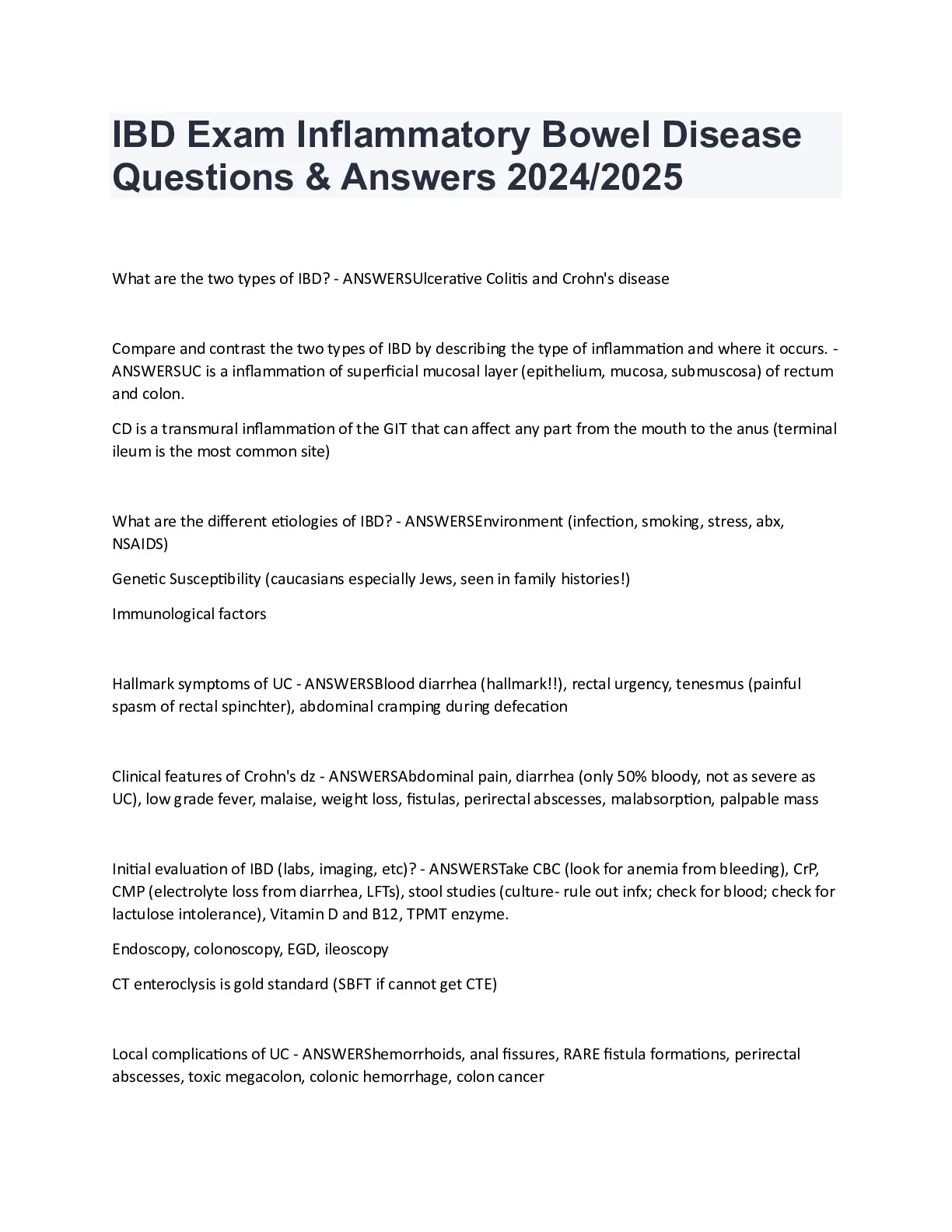 IBD Exam Inflammatory Bowel Disease Questions and Answers 2024/2025 ...