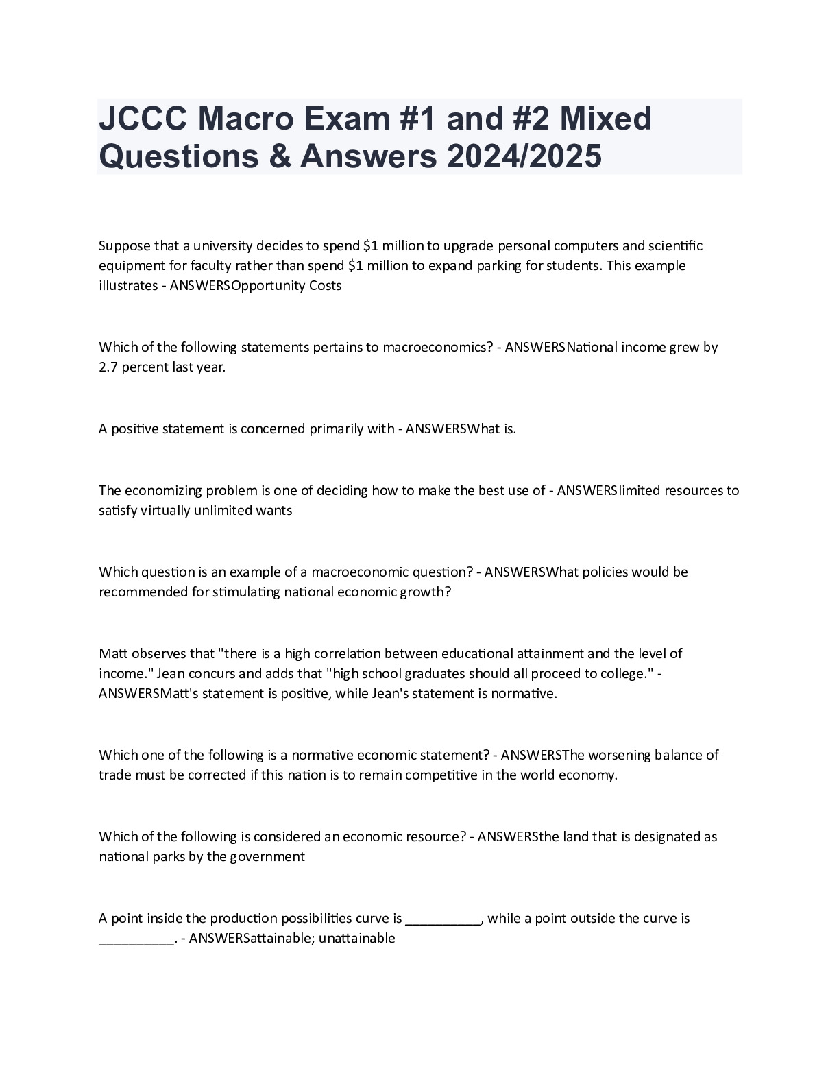 JCCC Macro Exam #1 and #2 Mixed Questions & Answers 2024/2025 - DocMerit