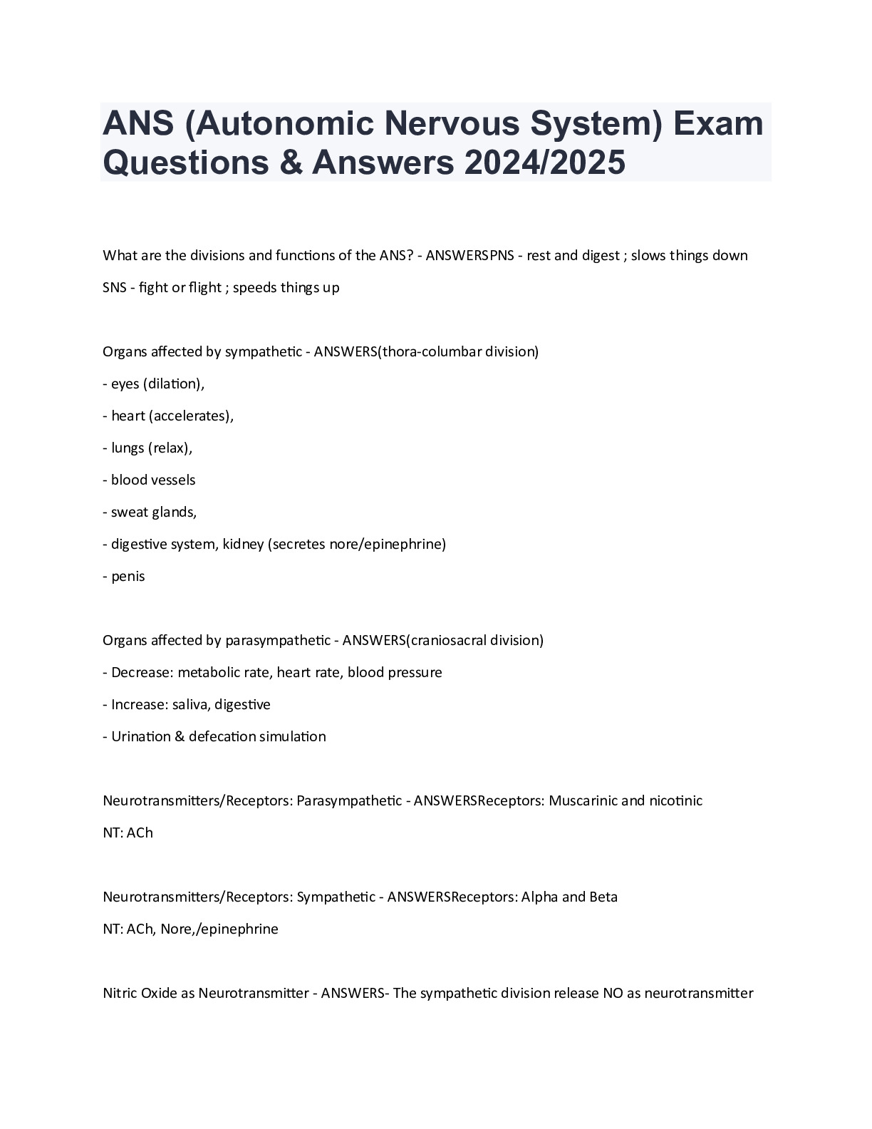 ANS (Autonomic Nervous System) Exam Questions & Answers 2024/2025 - DocMerit