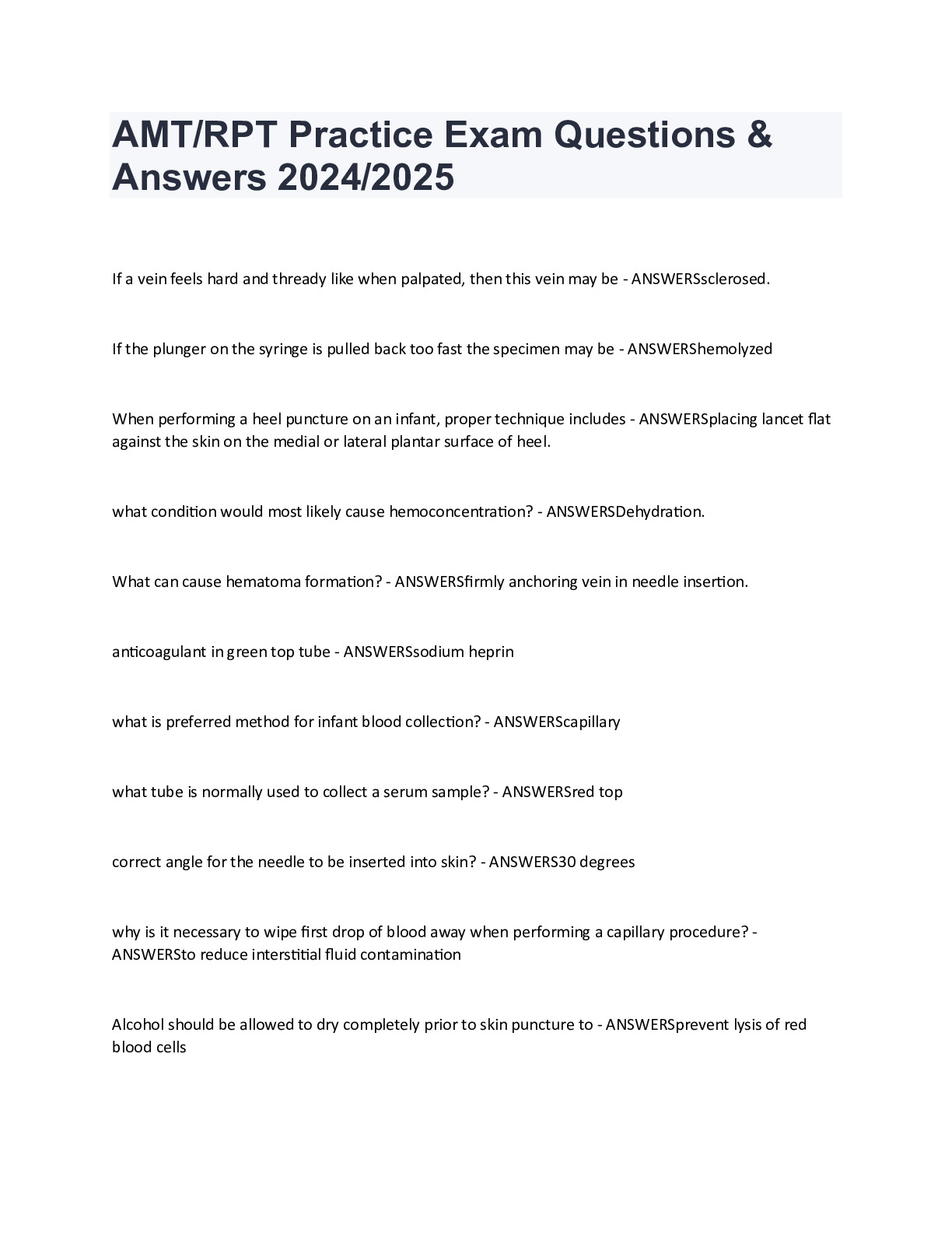 AMT/RPT Practice Exam Questions & Answers 2024/2025 - DocMerit