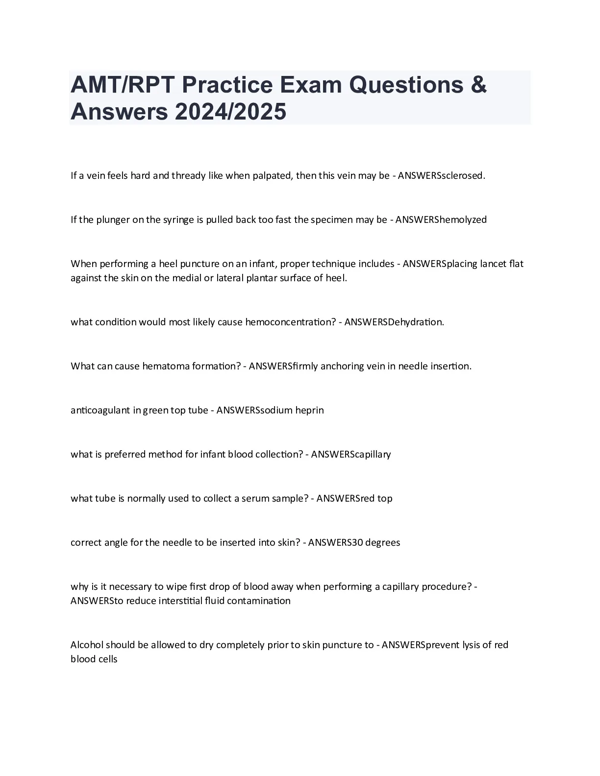 AMT/RPT Practice Exam Questions and Answers 2024/2025 - DocMerit