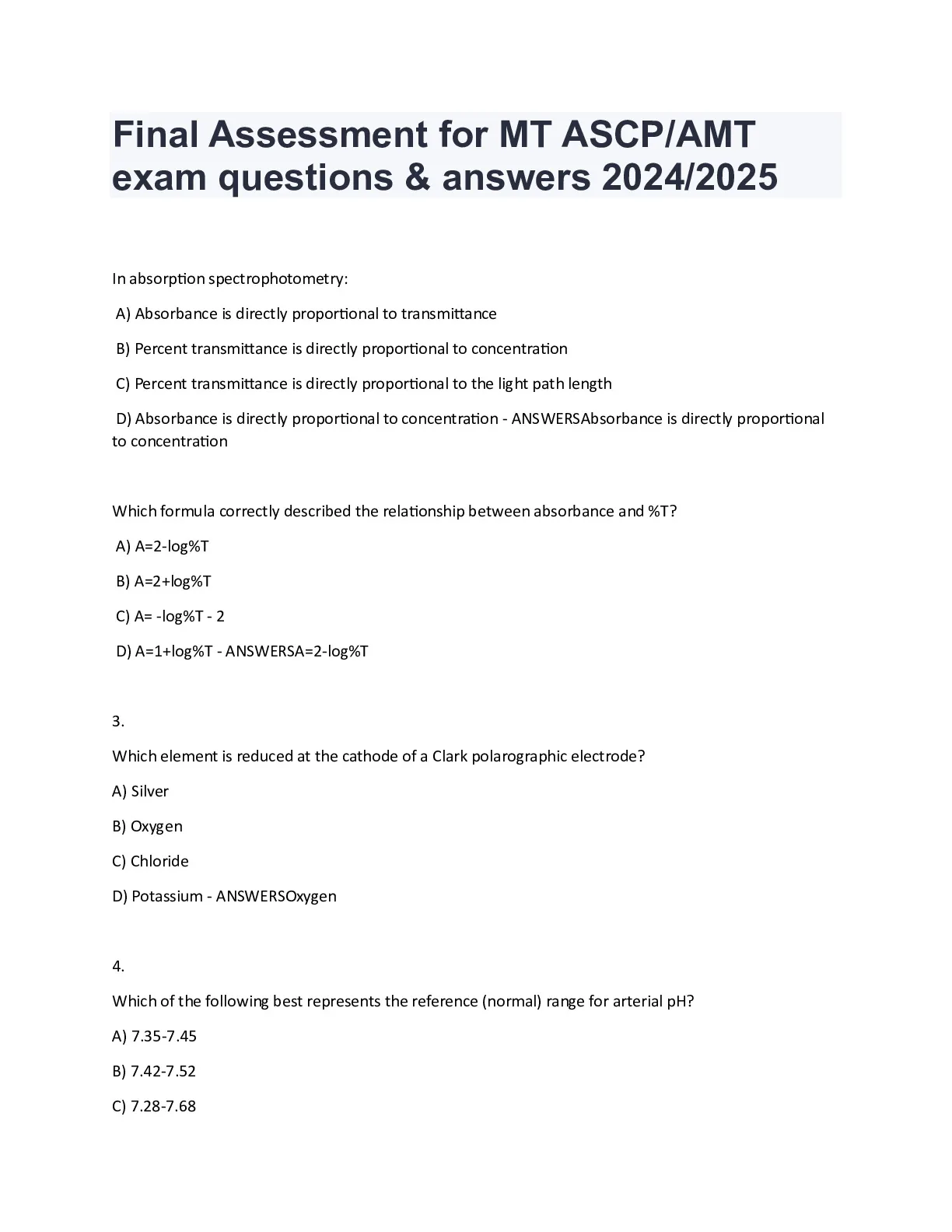 Final Assessment for MT ASCP/AMT exam questions and answers 2024/2025 ...