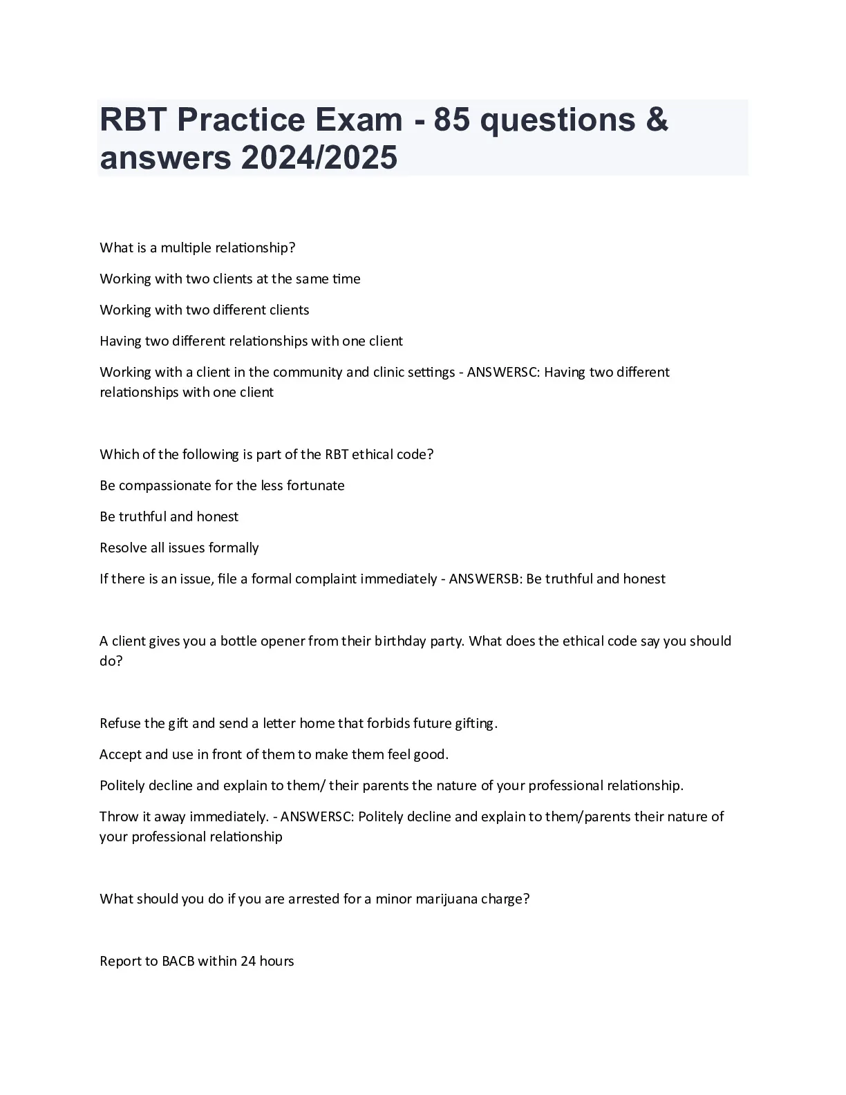 RBT Practice Exam - 85 questions and answers 2024/2025 - DocMerit