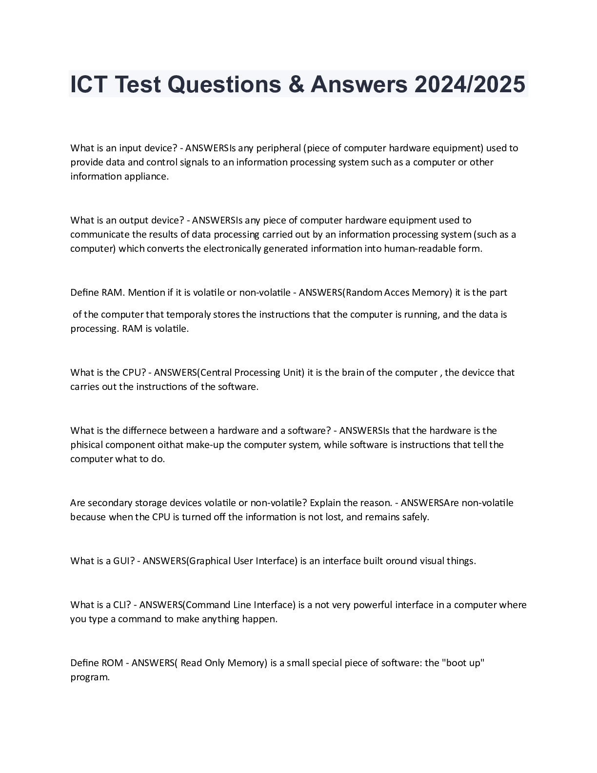 ICT Test Questions & Answers 2024/2025 - DocMerit