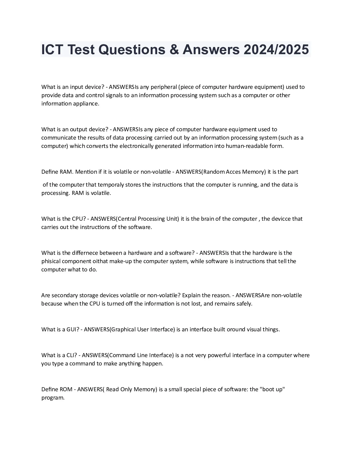 ICT Test Questions and Answers 2024/2025 - DocMerit