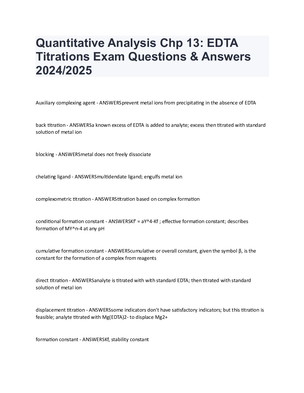 Quantitative Analysis Chp 13: EDTA Titrations Exam Questions & Answers ...