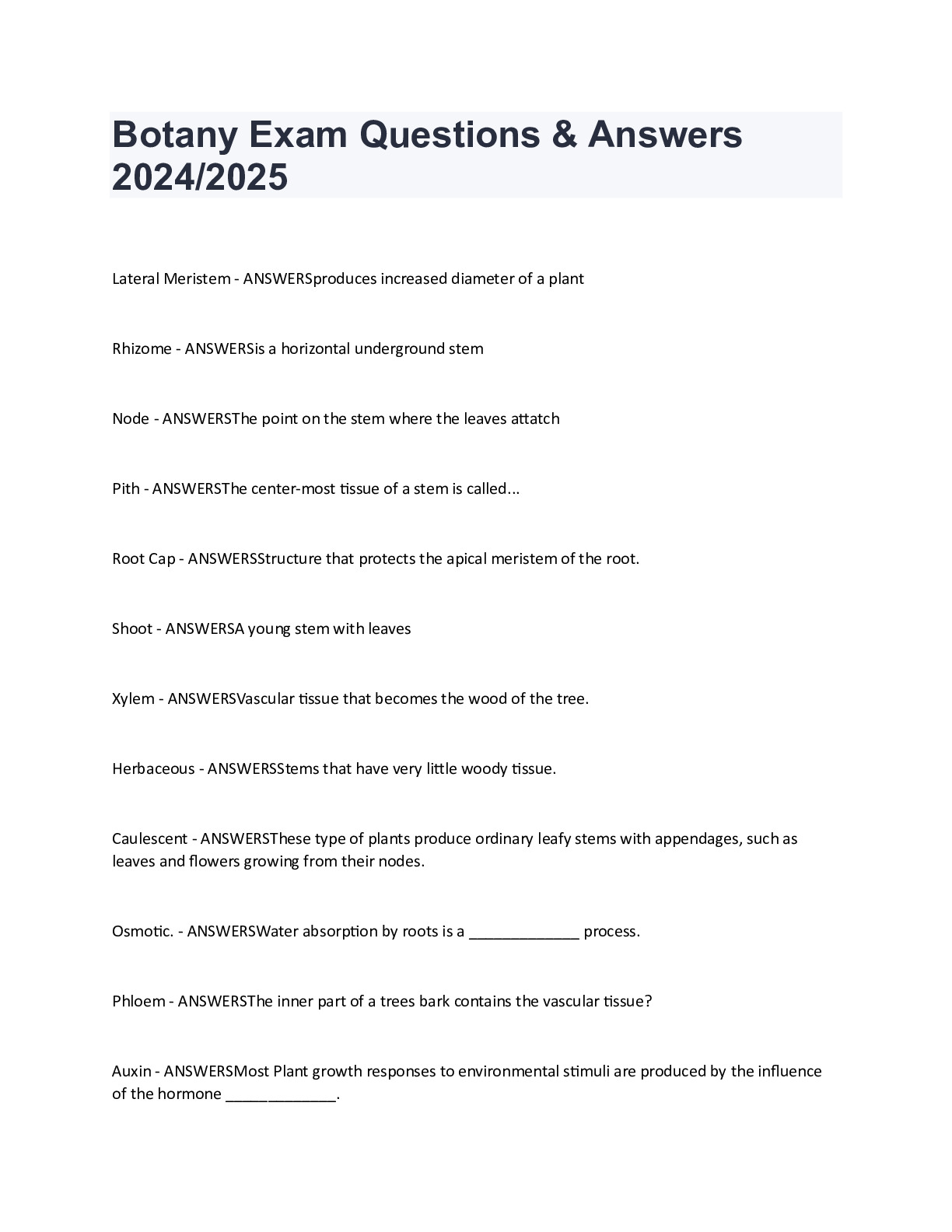 Botany Exam Questions & Answers 2024/2025 - DocMerit