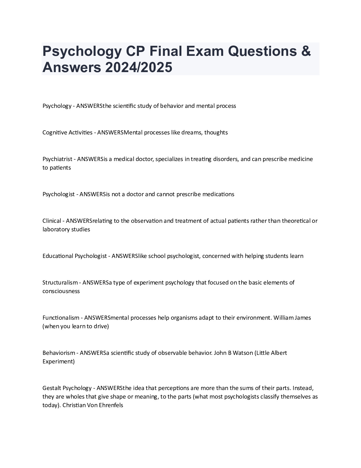Psychology CP Final Exam Questions & Answers 2024/2025 - DocMerit