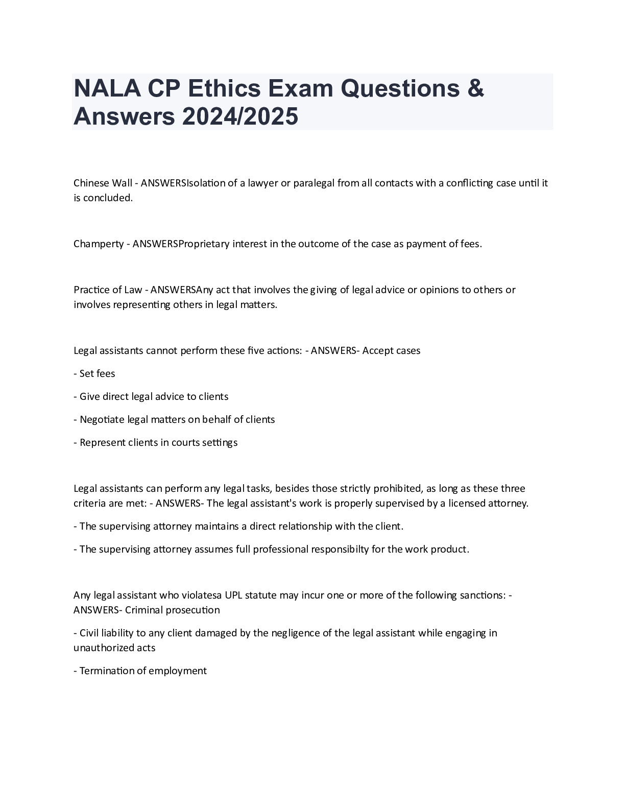 NALA CP Ethics Exam Questions & Answers 2024/2025 - DocMerit