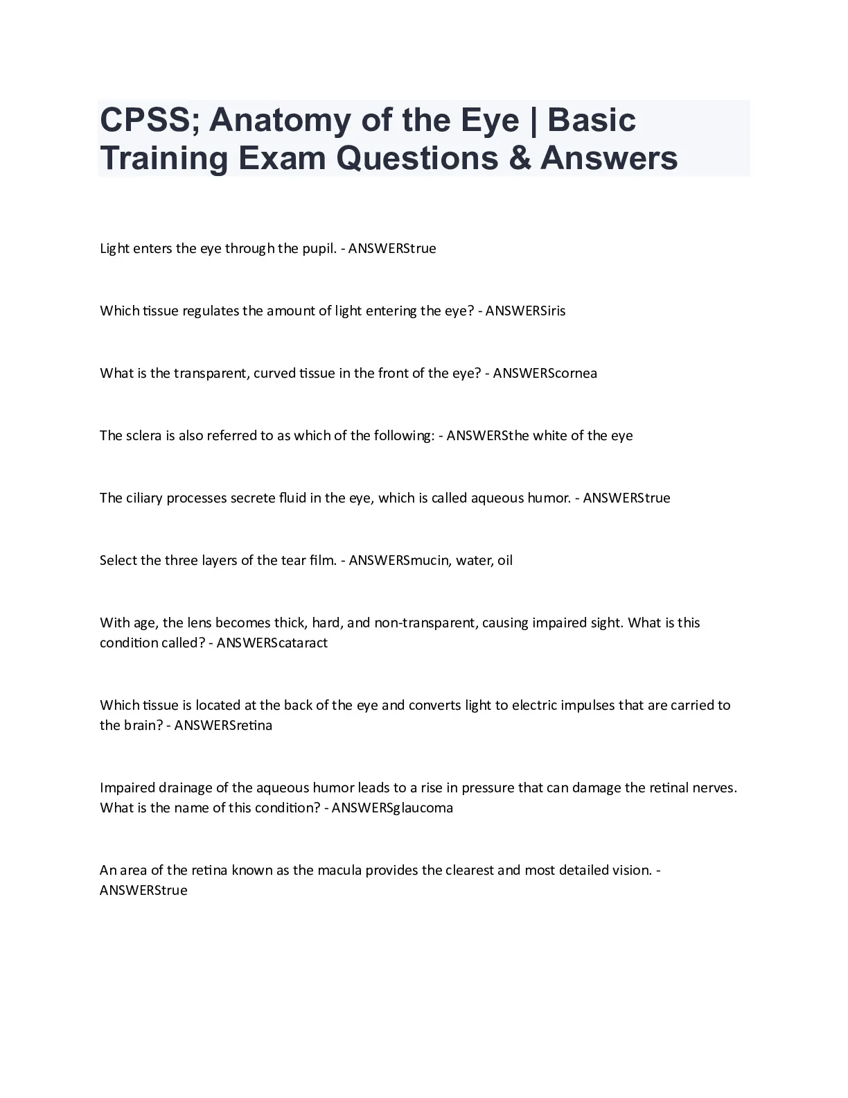 CPSS; Anatomy of the Eye | Basic Training Exam Questions and Answers ...