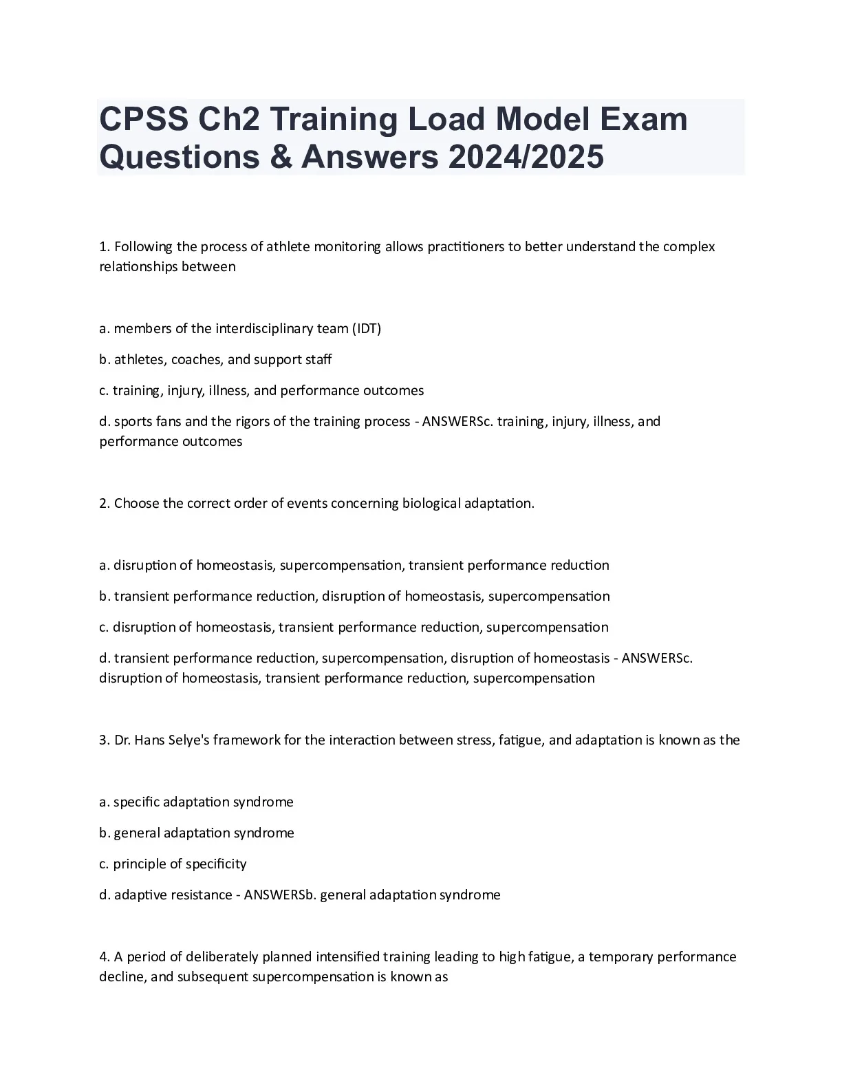 CPSS Ch2 Training Load Model Exam Questions and Answers 2024/2025 ...