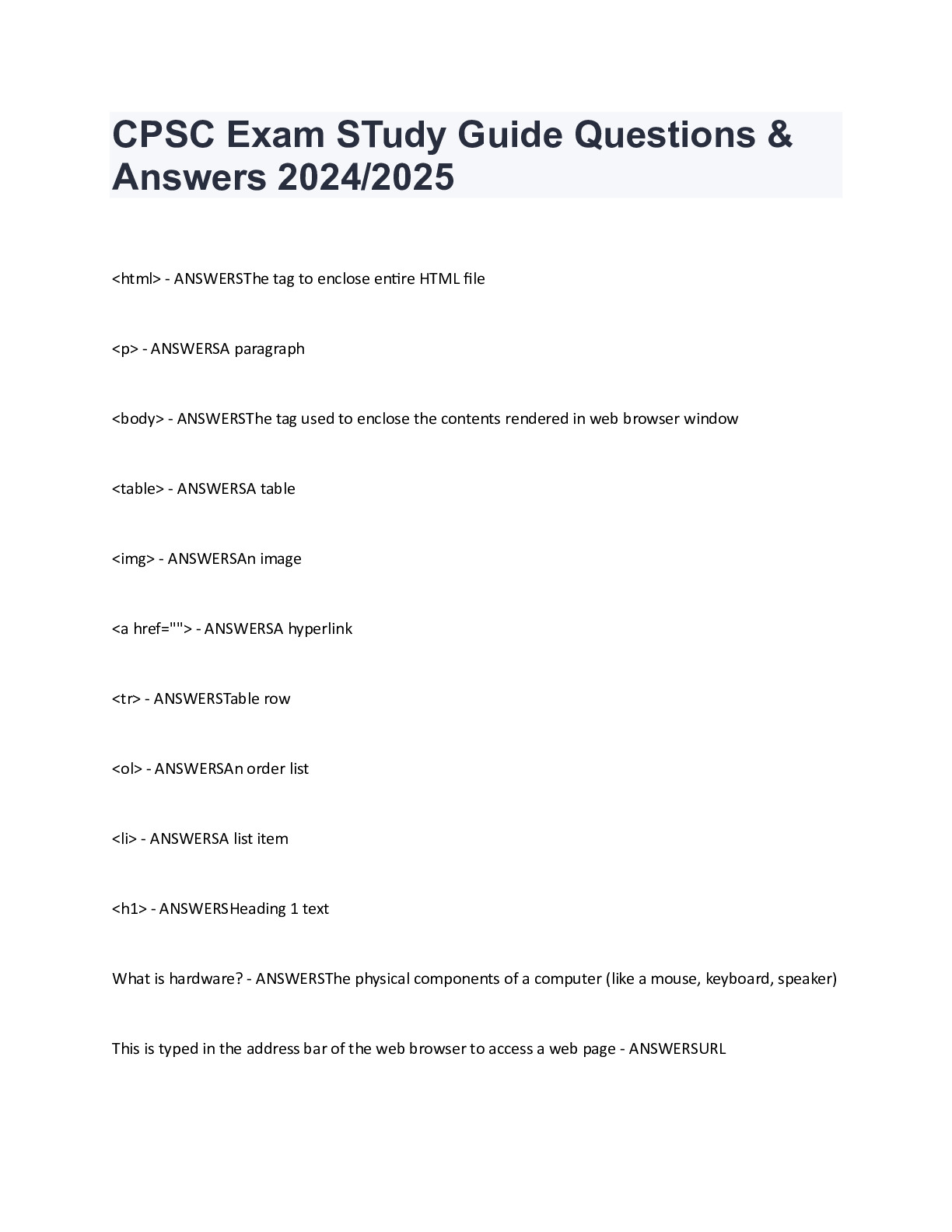CPSC Exam STudy Guide Questions & Answers 2024/2025 - DocMerit CPSC Exam STudy Guide Questions & Answers 2024/2025 - DocMerit