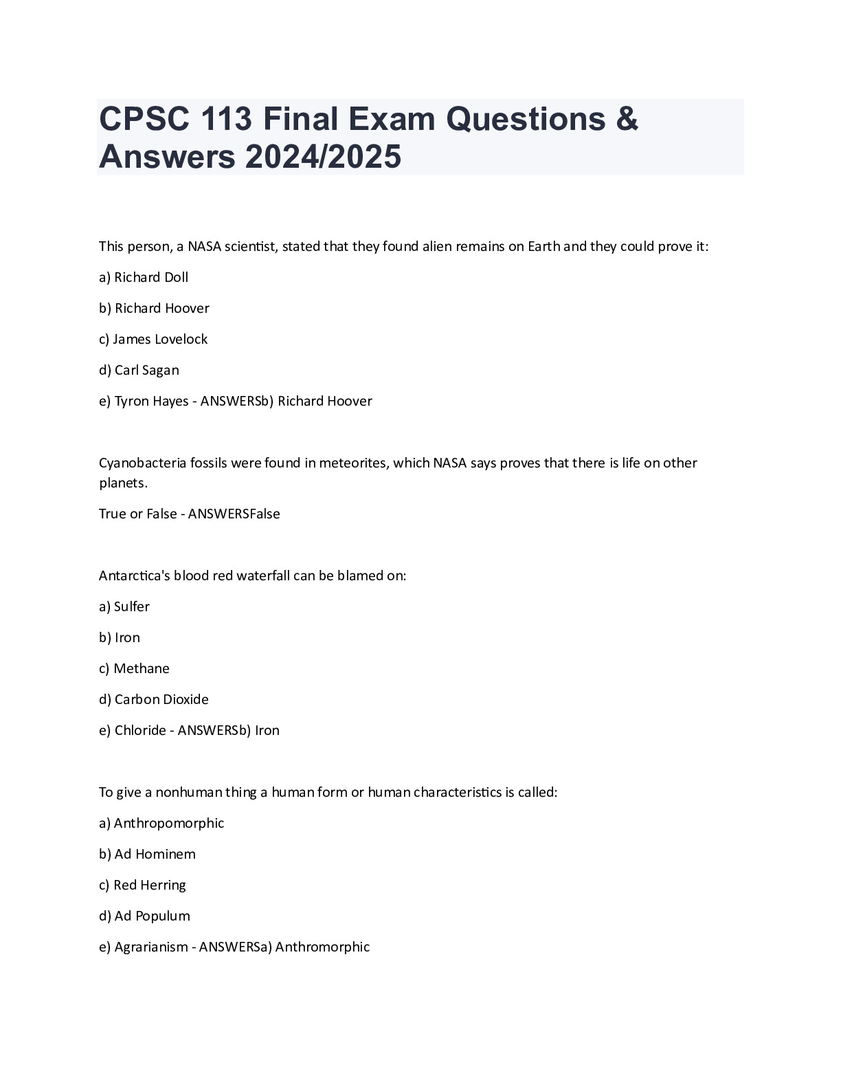 CPSC 113 Final Exam Questions & Answers 2024/2025 - DocMerit