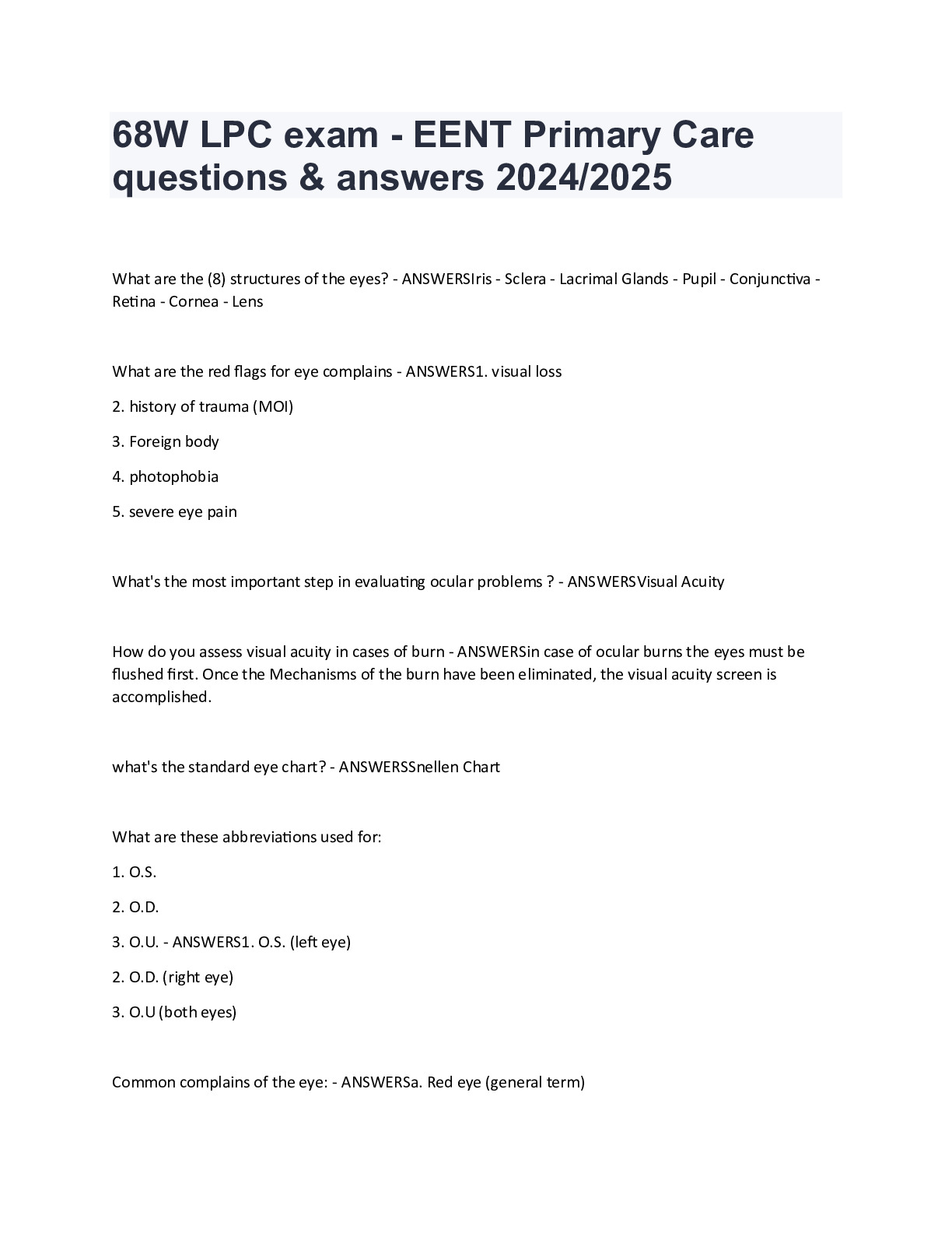 68W LPC exam - EENT Primary Care questions & answers 2024/2025 - DocMerit 68W LPC exam - EENT Primary Care questions & answers 2024/2025 - DocMerit