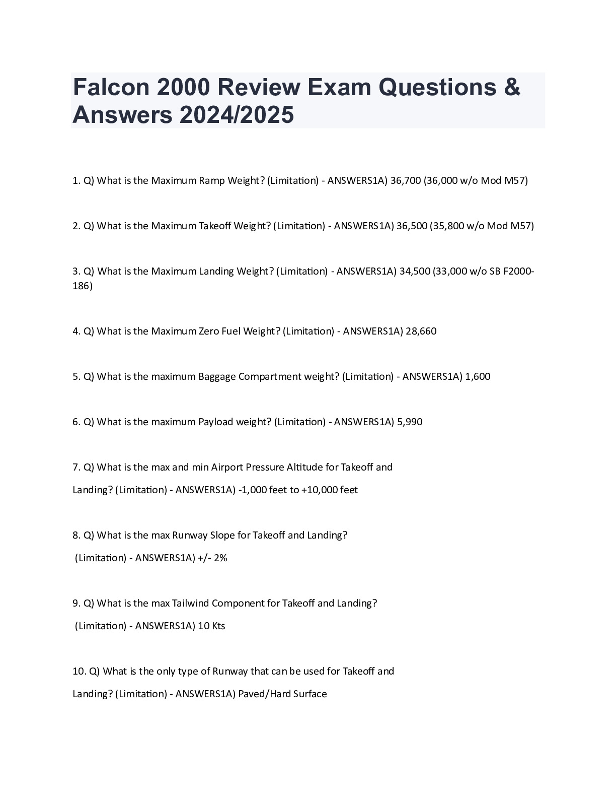 Falcon 2000 Review Exam Questions & Answers 2024/2025 - DocMerit
