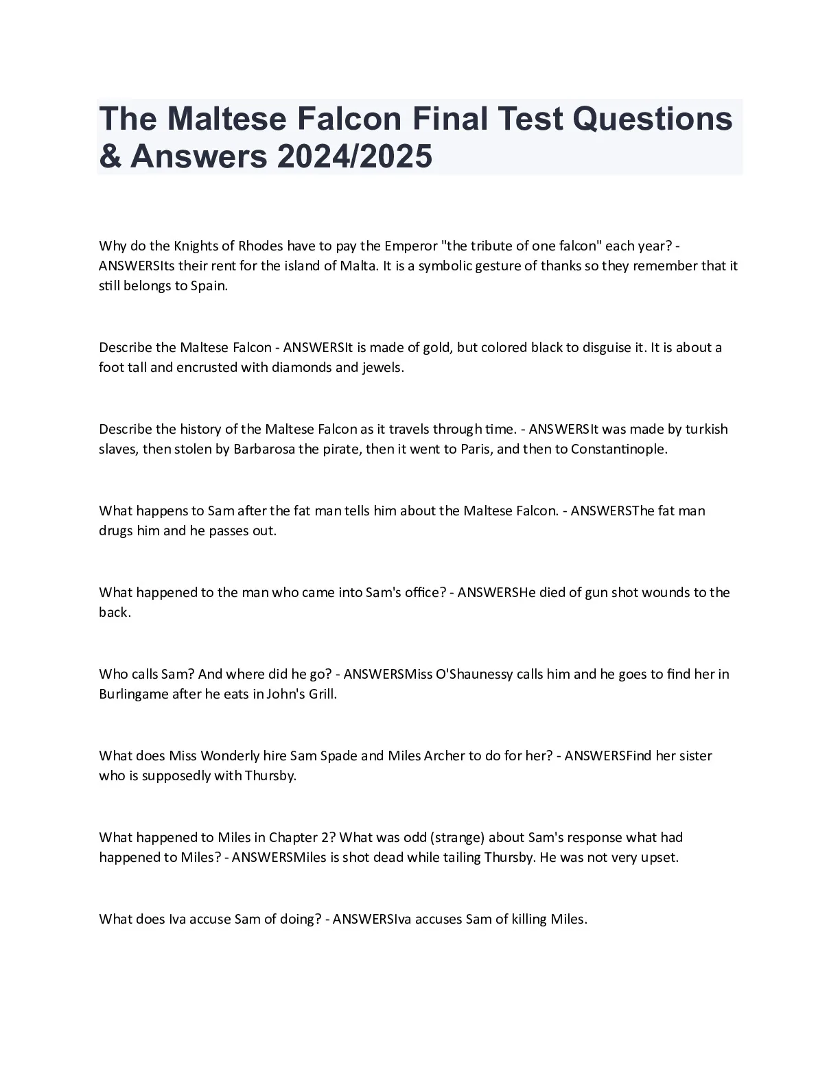 The Maltese Falcon Final Test Questions and Answers 2024/2025 - DocMerit