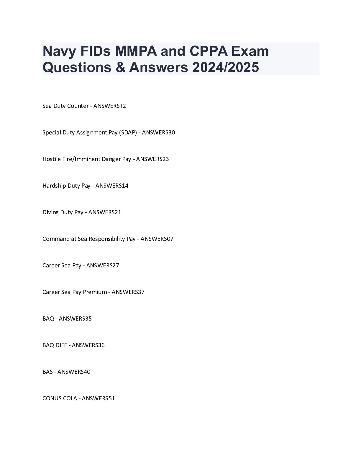 Navy FIDs MMPA and CPPA Exam Questions & Answers 2024/2025 - DocMerit