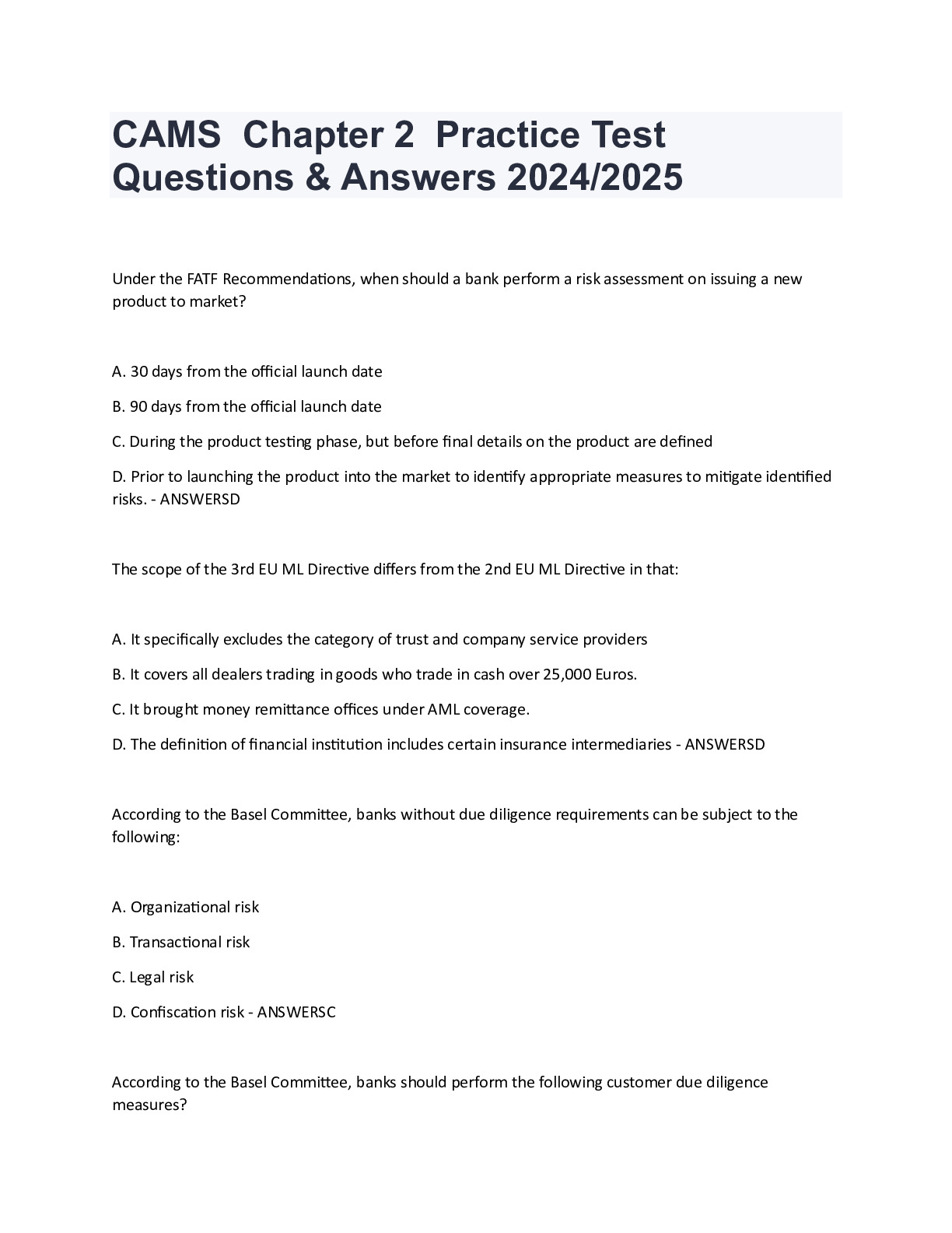 CAMS Chapter 2 Practice Test Questions & Answers 2024/2025 - DocMerit