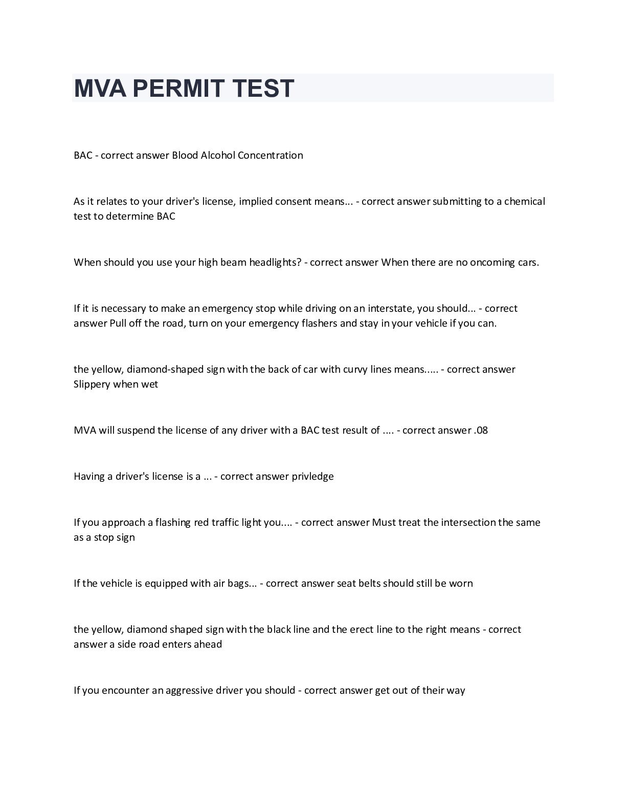 MVA PERMIT TEST with answers 2023/2024 - DocMerit