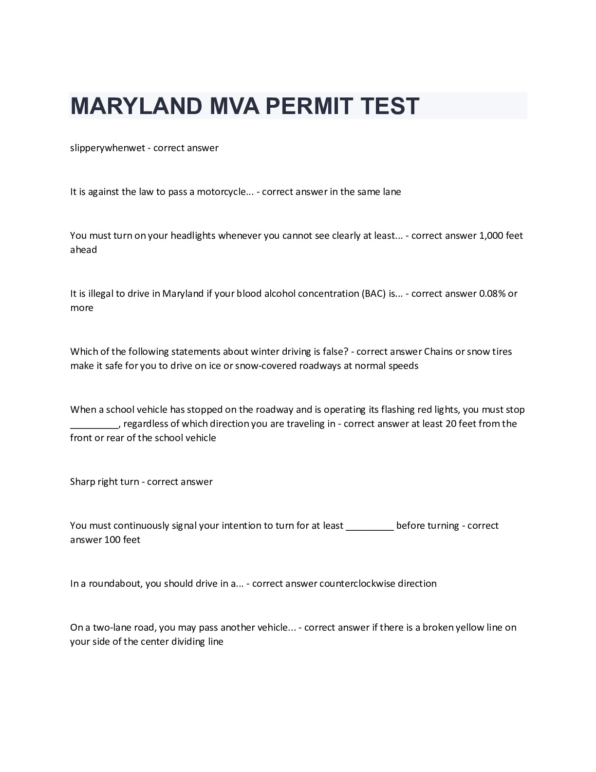 Maryland MVA Permit Practice Test 4 with answers 2023/2024 - DocMerit