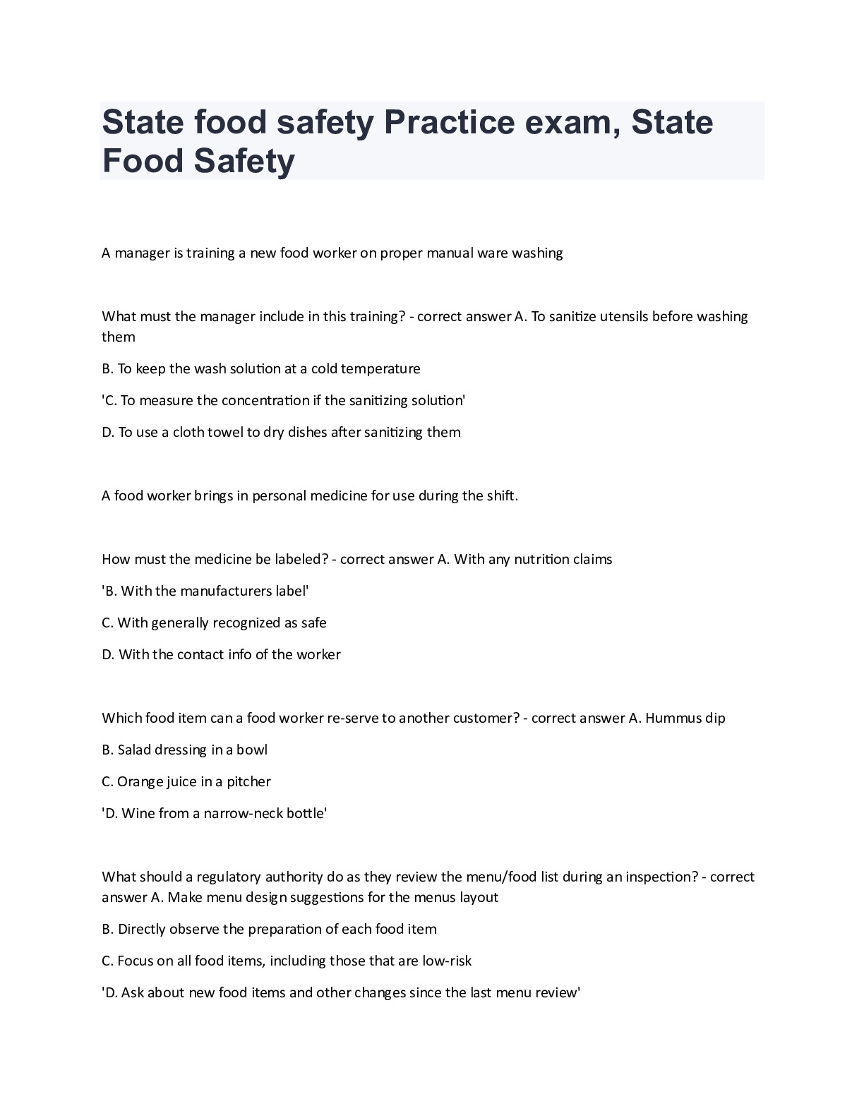 State food safety Practice exam, State Food Safety correctly answered ...