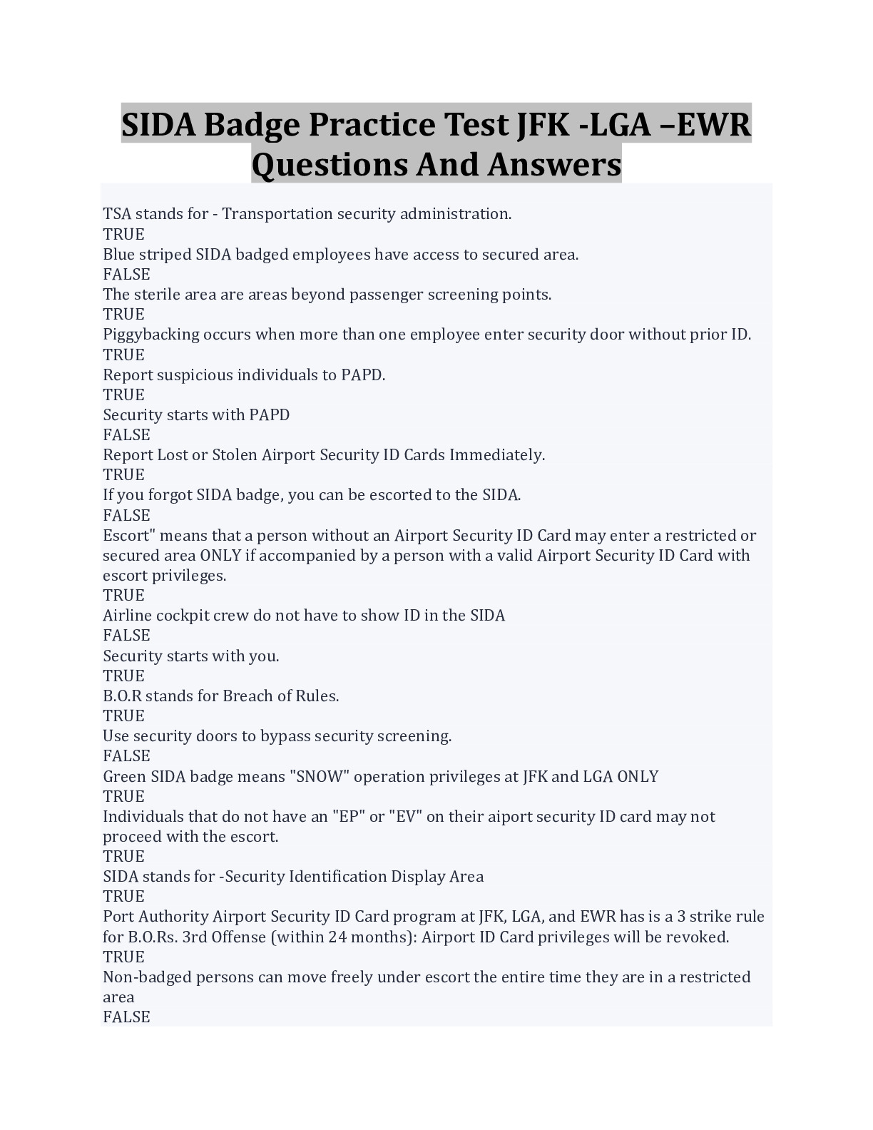 SIDA Badge Practice Test JFK LGA EWR DocMerit