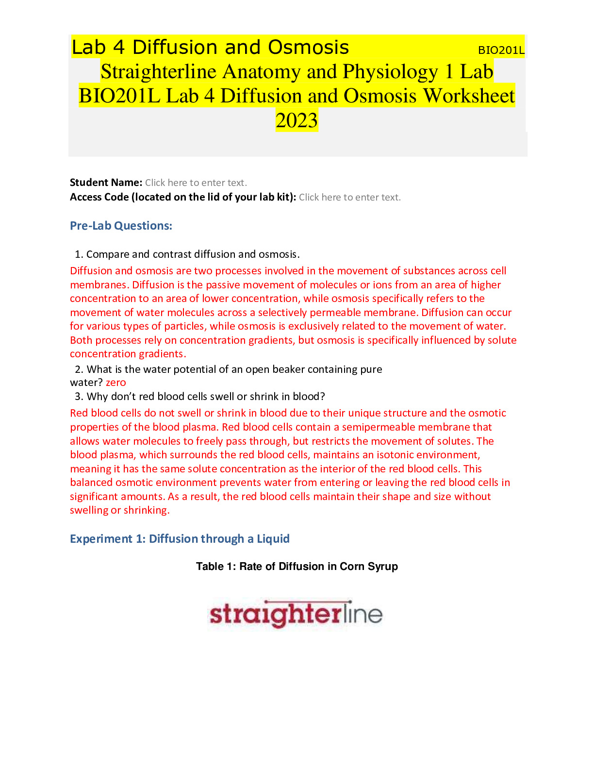 Straighterline Anatomy and Physiology 1 Lab BIO201L Lab 4 Diffusion and Osmosis Worksheet 2023 ...