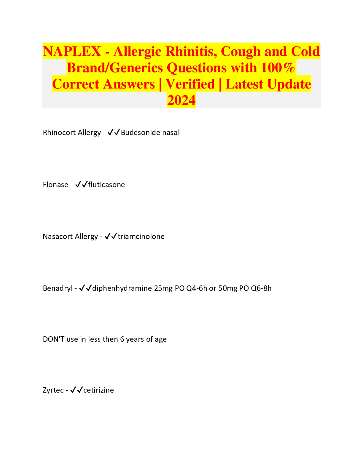 NAPLEX - Allergic Rhinitis, Cough and Cold Brand/Generics Questions ...