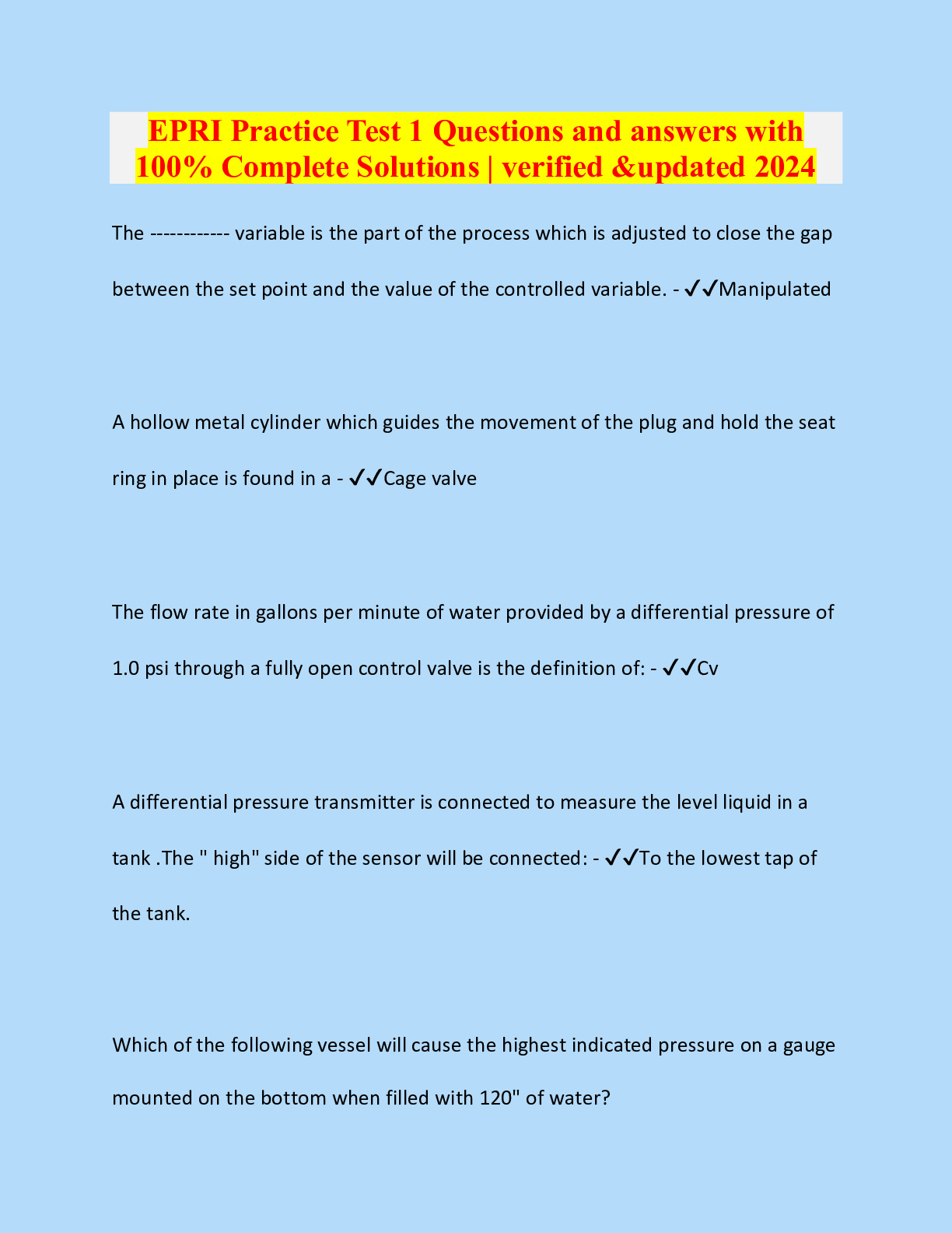 EPRI Practice Test 1 Questions & Answers 2023/2024 - DocMerit