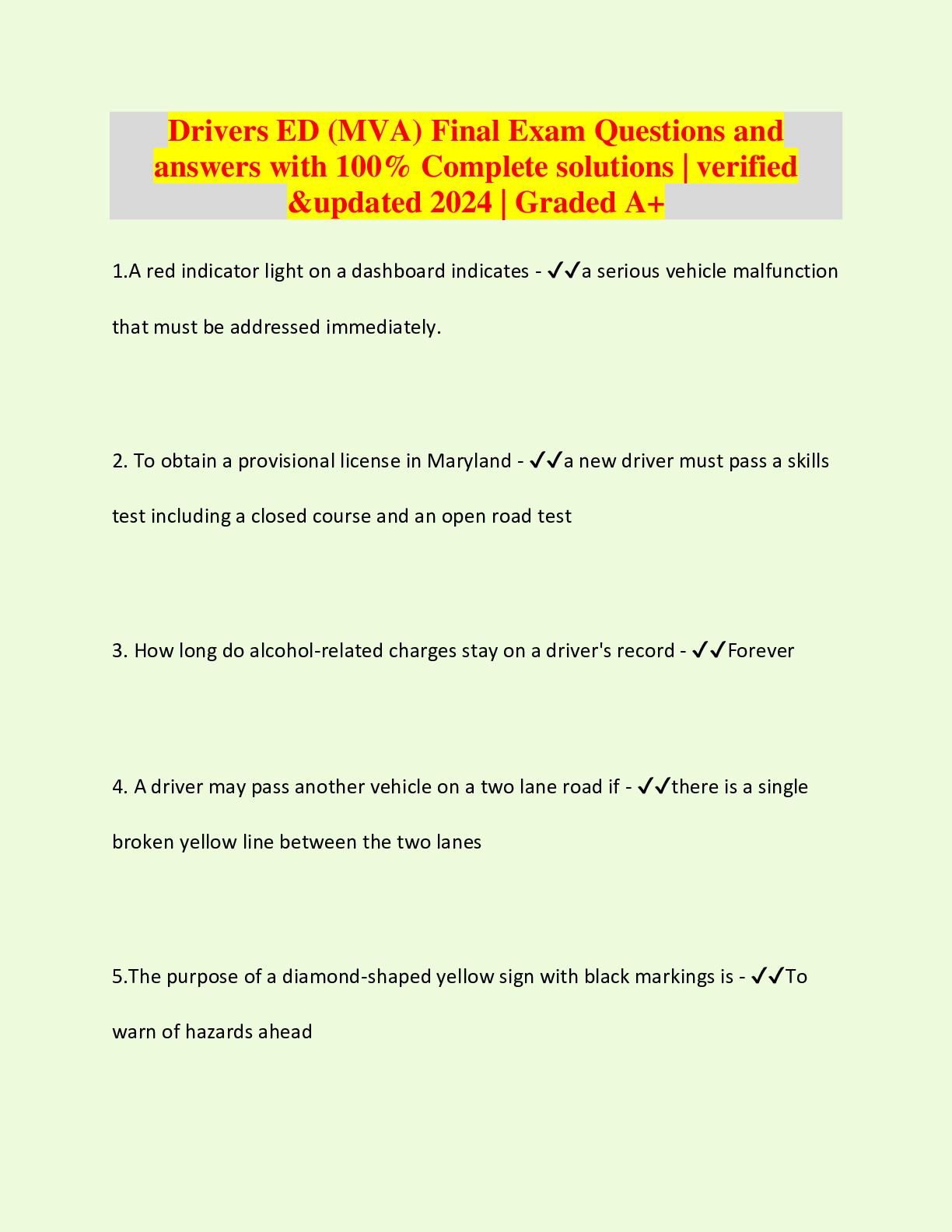 Drivers Ed (Cheat Sheet) Exam Questions with Solutions - DocMerit