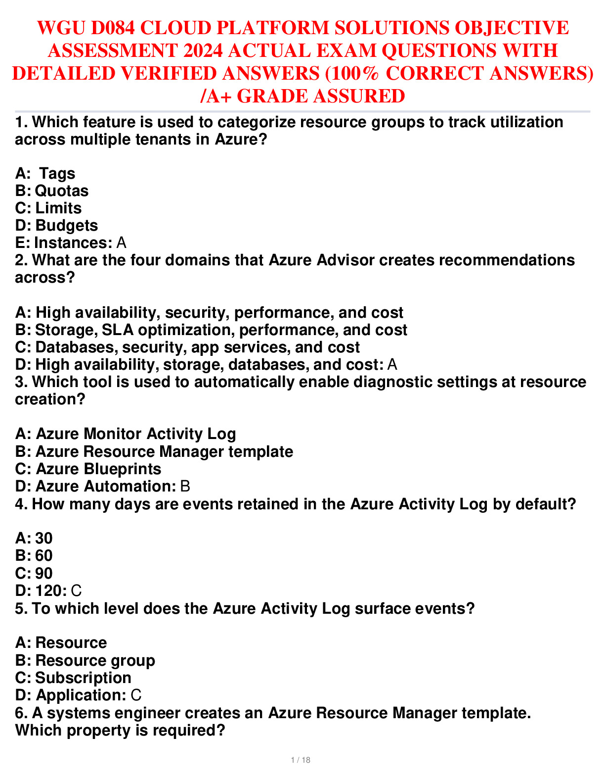 WGU D084 CLOUD PLATFORM SOLUTIONS OBJECTIVE ASSESSMENT 2024 ACTUAL EXAM QUESTIONS WITH DETAILED ...