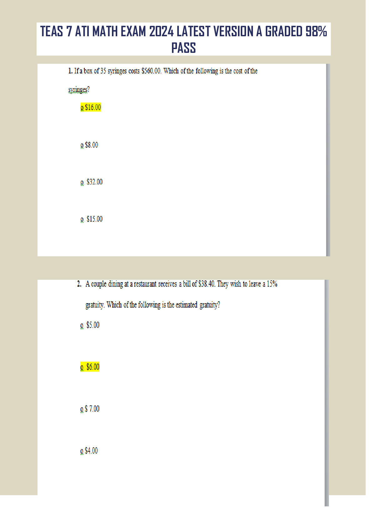 TEAS 7 ATI MATH EXAM 2024 LATEST VERSION A GRADED 98% PASS - DocMerit