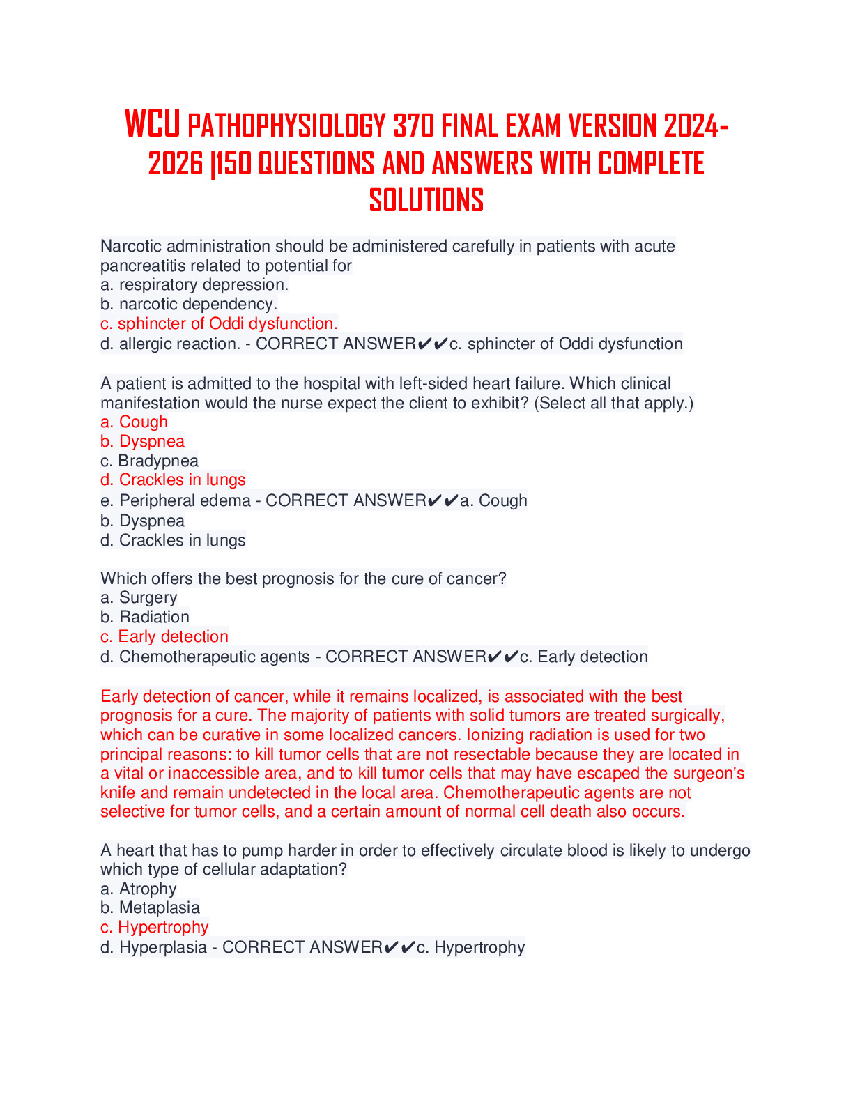 WCU PATHOPHYSIOLOGY 370 FINAL EXAM VERSION 2024- 2026 |150 QUESTIONS AND ANSWERS WITH COMPLETE ...