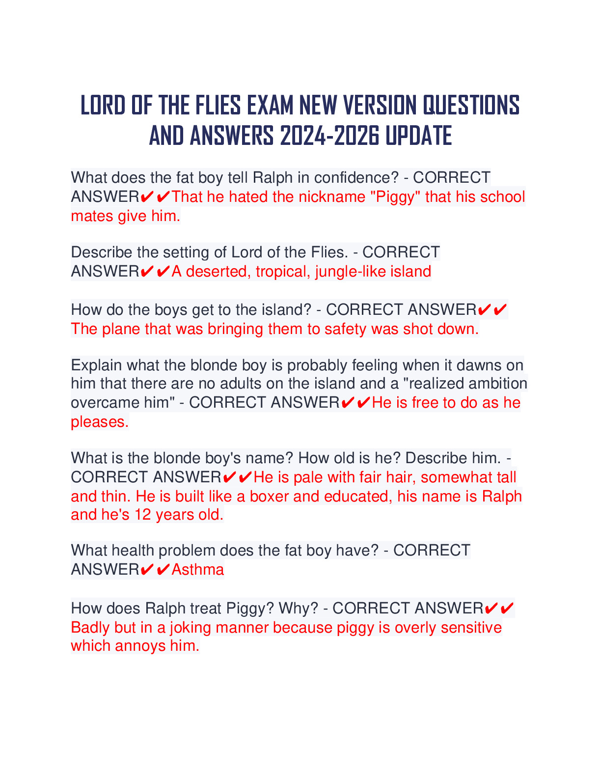 LORD OF THE FLIES EXAM 2024 QUESTIONS AND CORRECT VERIFIED ANSWERS ...