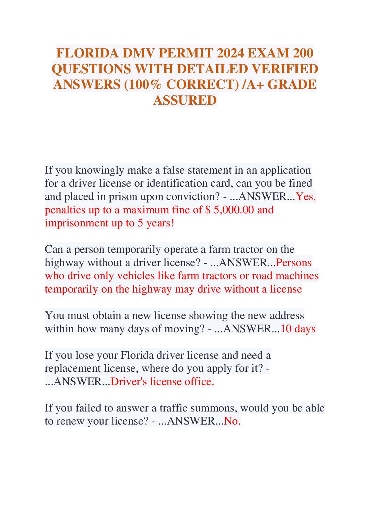 FLORIDA DMV PERMIT 2024 EXAM 200 QUESTIONS WITH DETAILED VERIFIED ...