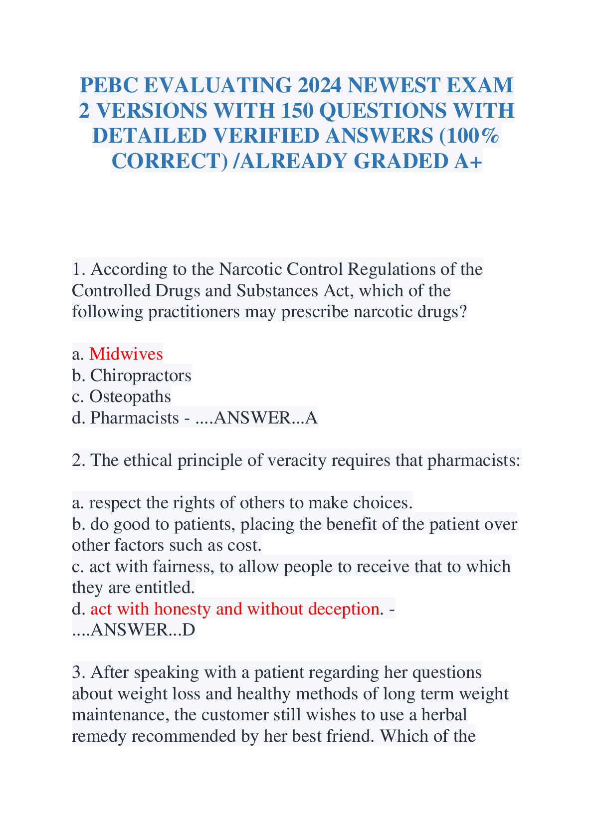 PEBC EVALUATION EXAM 1 QUESTIONS AND ANSWERS 2023-2024 - DocMerit