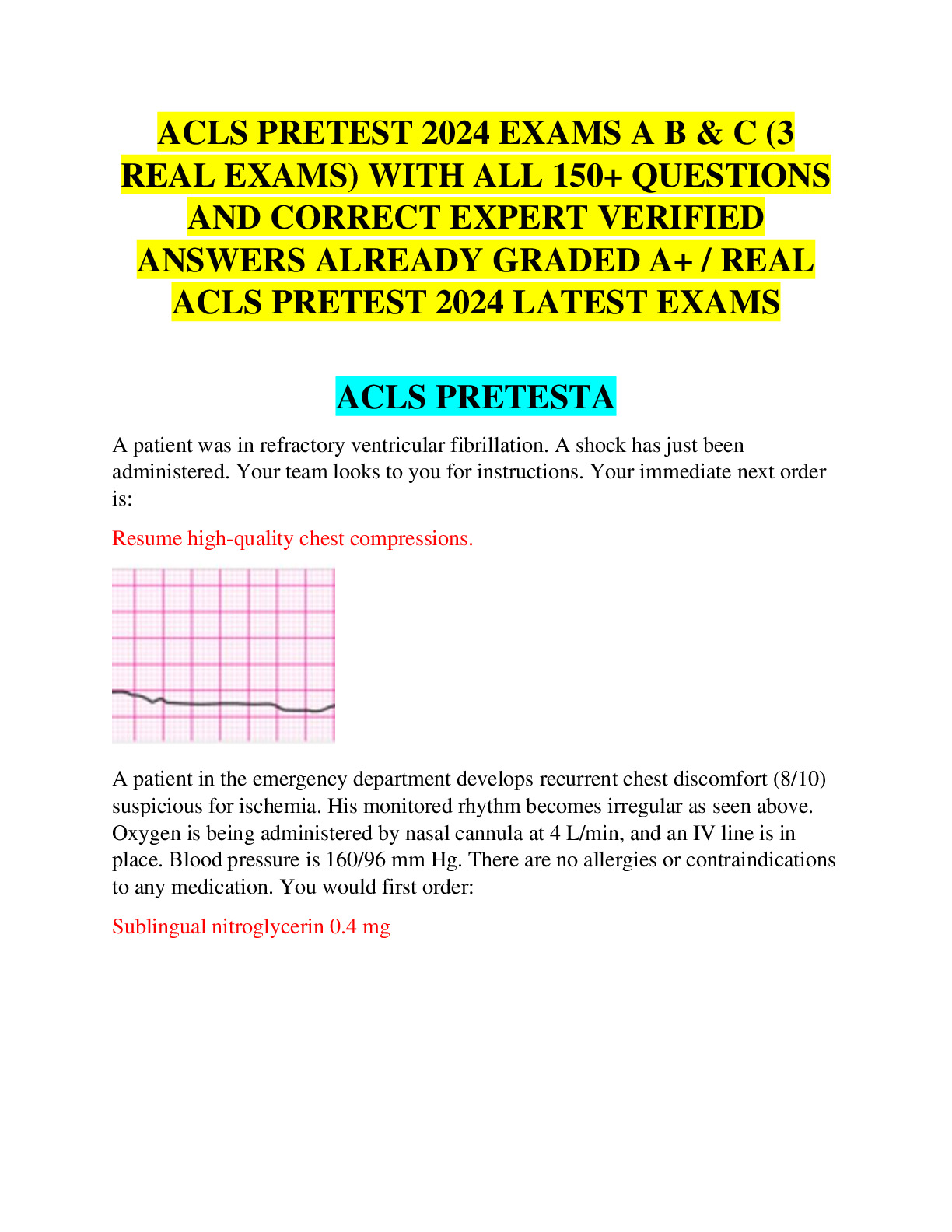 ACLS PRETEST 2024 EXAMS A B & C (3 REAL EXAMS) WITH ALL 150+ QUESTIONS ...