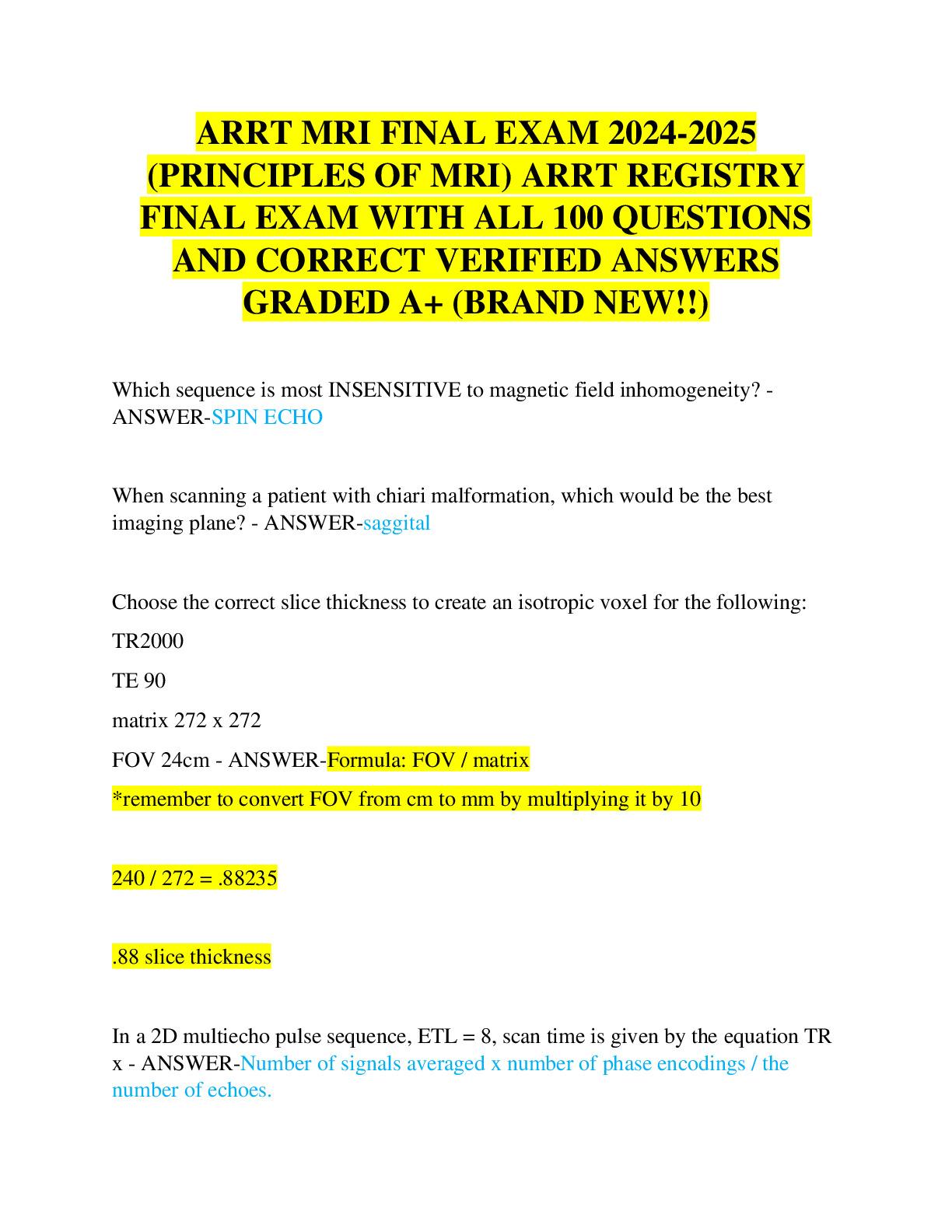 ARRT MRI FINAL EXAM 2024-2025 (PRINCIPLES OF MRI) ARRT REGISTRY FINAL EXAM WITH ALL 100 ...
