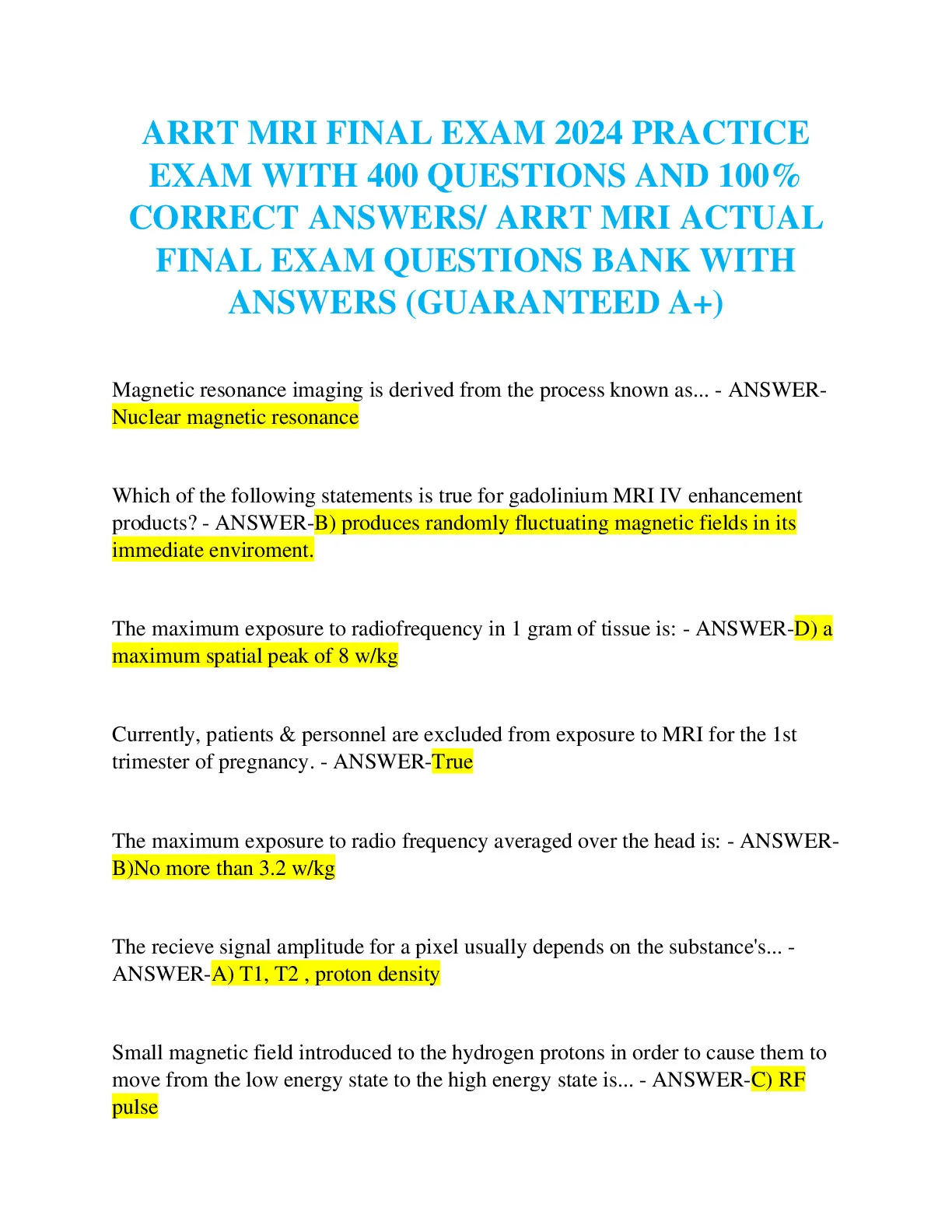ARRT MRI FINAL EXAM 2024 PRACTICE EXAM WITH 400 QUESTIONS AND 100% ...
