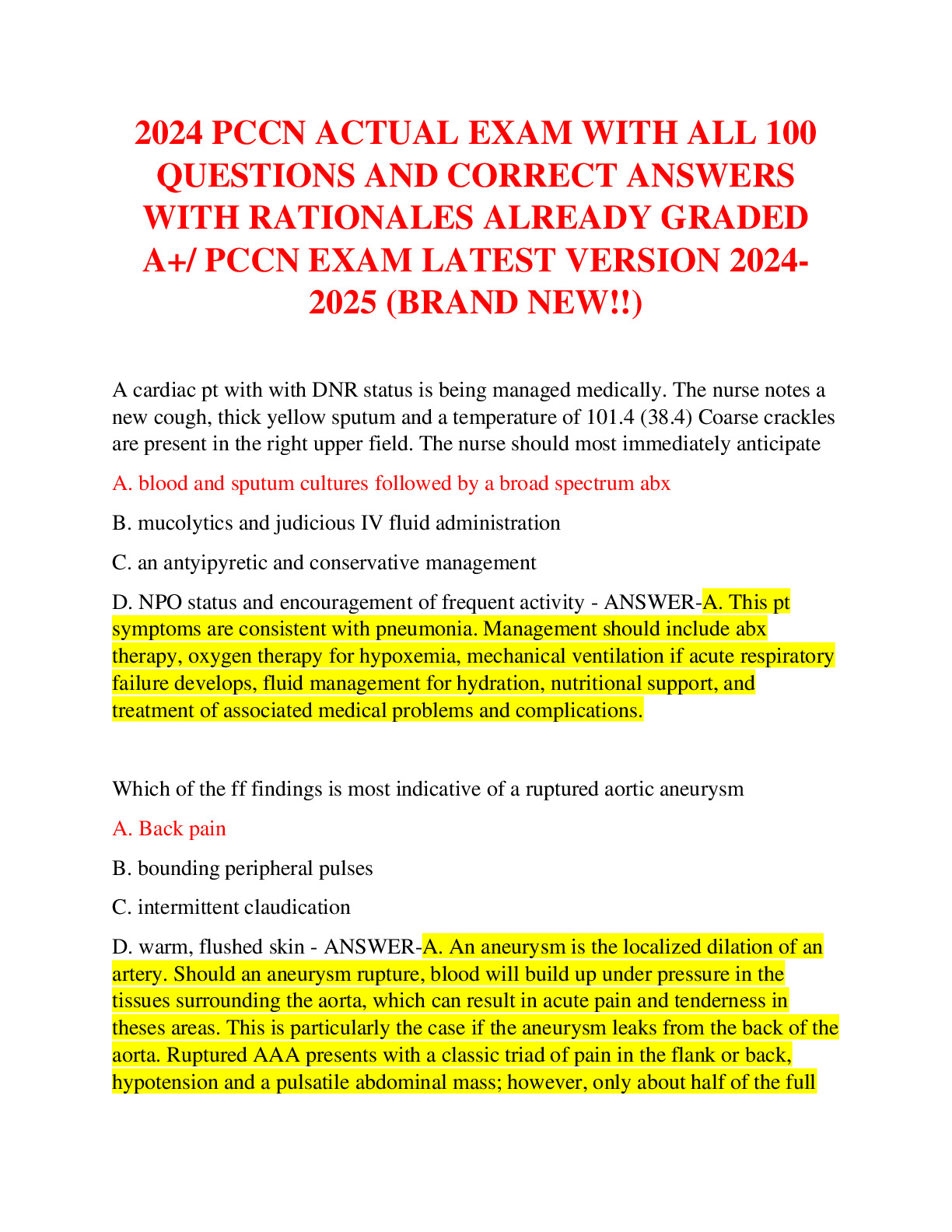 2024 PCCN ACTUAL EXAM WITH ALL 100 QUESTIONS AND CORRECT ANSWERS WITH ...