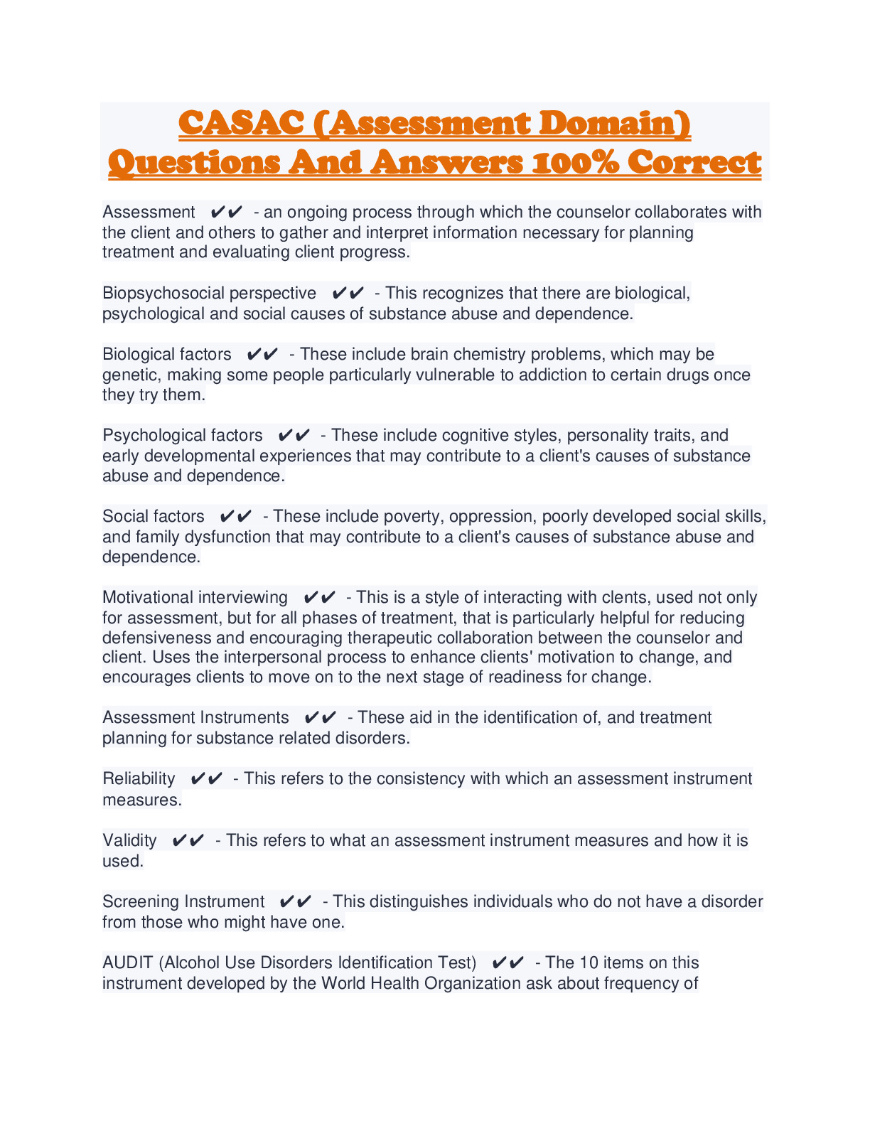 CASAC (Assessment Domain) Questions And Answers 100% Correct - DocMerit