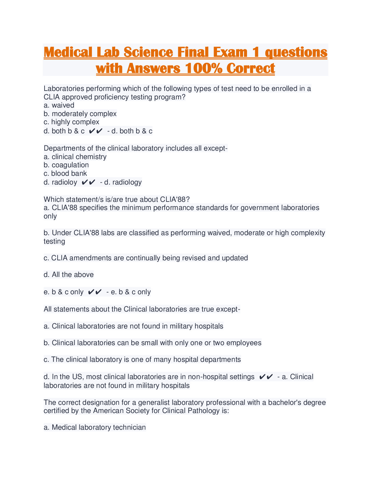Medical Lab Science Exam Questions With Answers 100% Correct - DocMerit