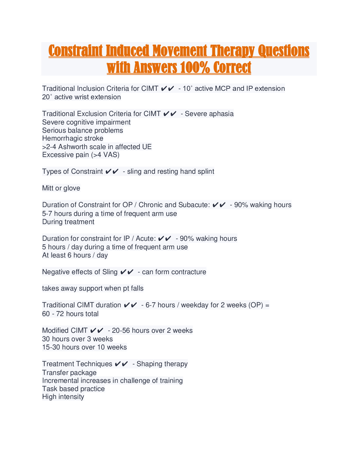 Constraint Induced Movement Therapy Questions with Answers 100% Correct ...