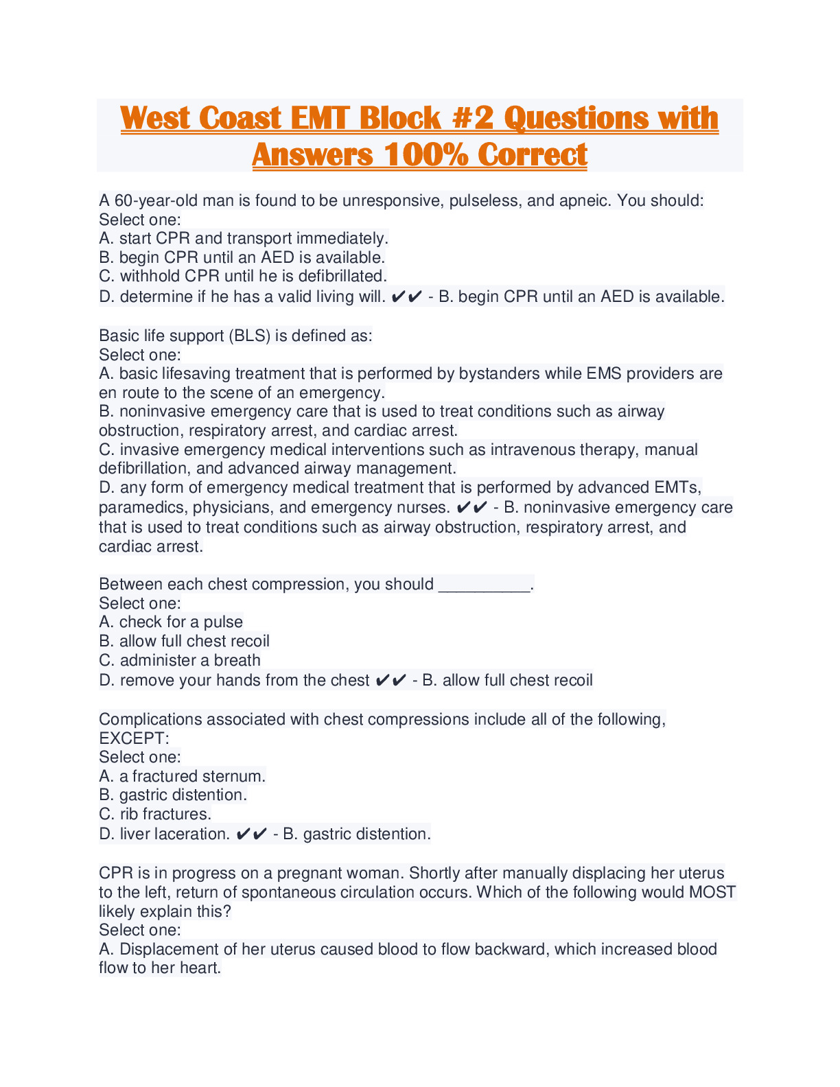 West Coast EMT Block #2 Questions with Answers 100% Correct - DocMerit