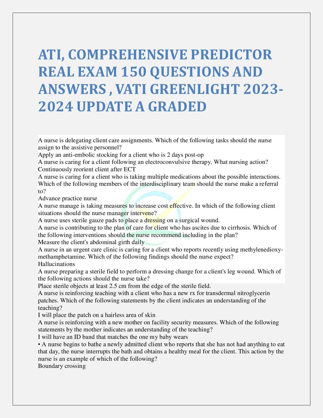 ATI, COMPREHENSIVE PREDICTOR REAL EXAM 150 QUESTIONS AND ANSWERS , VATI ...