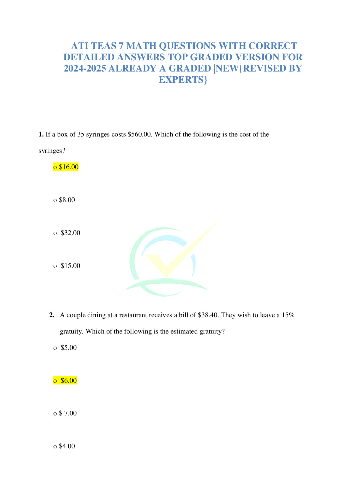 ATI TEAS 7 MATH QUESTIONS WITH CORRECT DETAILED ANSWERS TOP GRADED ...